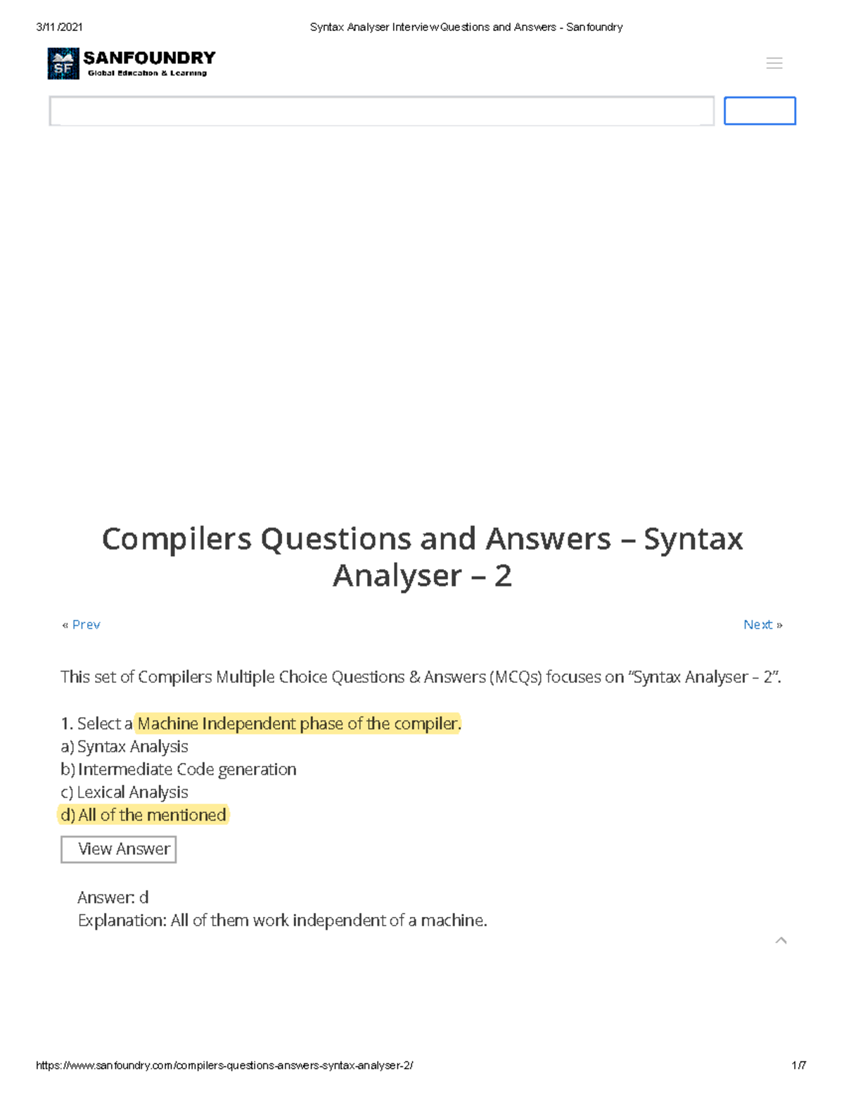 Syntax Analyser Interview Questions and Answers - Sanfoundry - « Prev Next » Compilers Questions ...