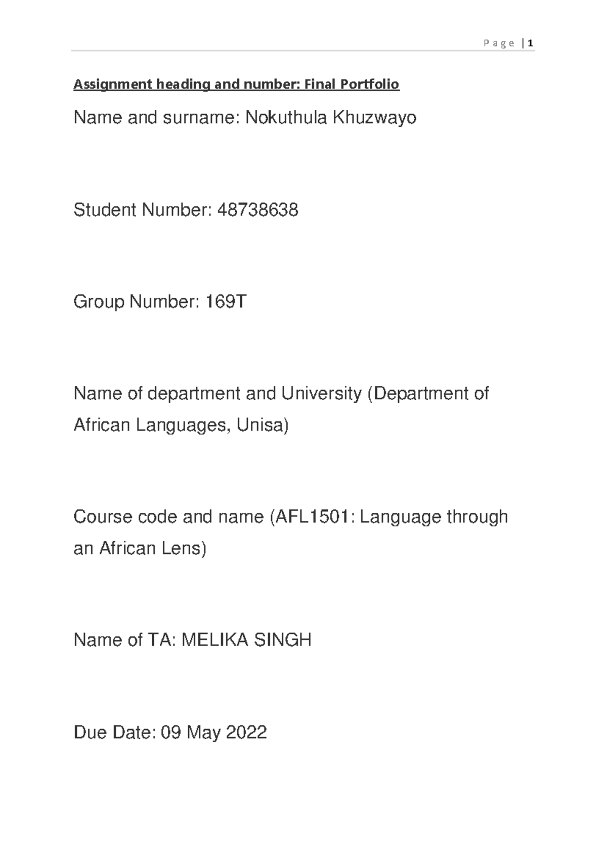 AFL Portfolio 2022 Khuzwayo - Assignment heading and number: Final ...