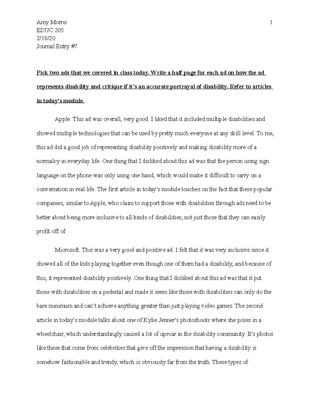 Journal Entry #7 - Amy Morris 1 EDUC 205 2/18/ Journal Entry # Pick two ...