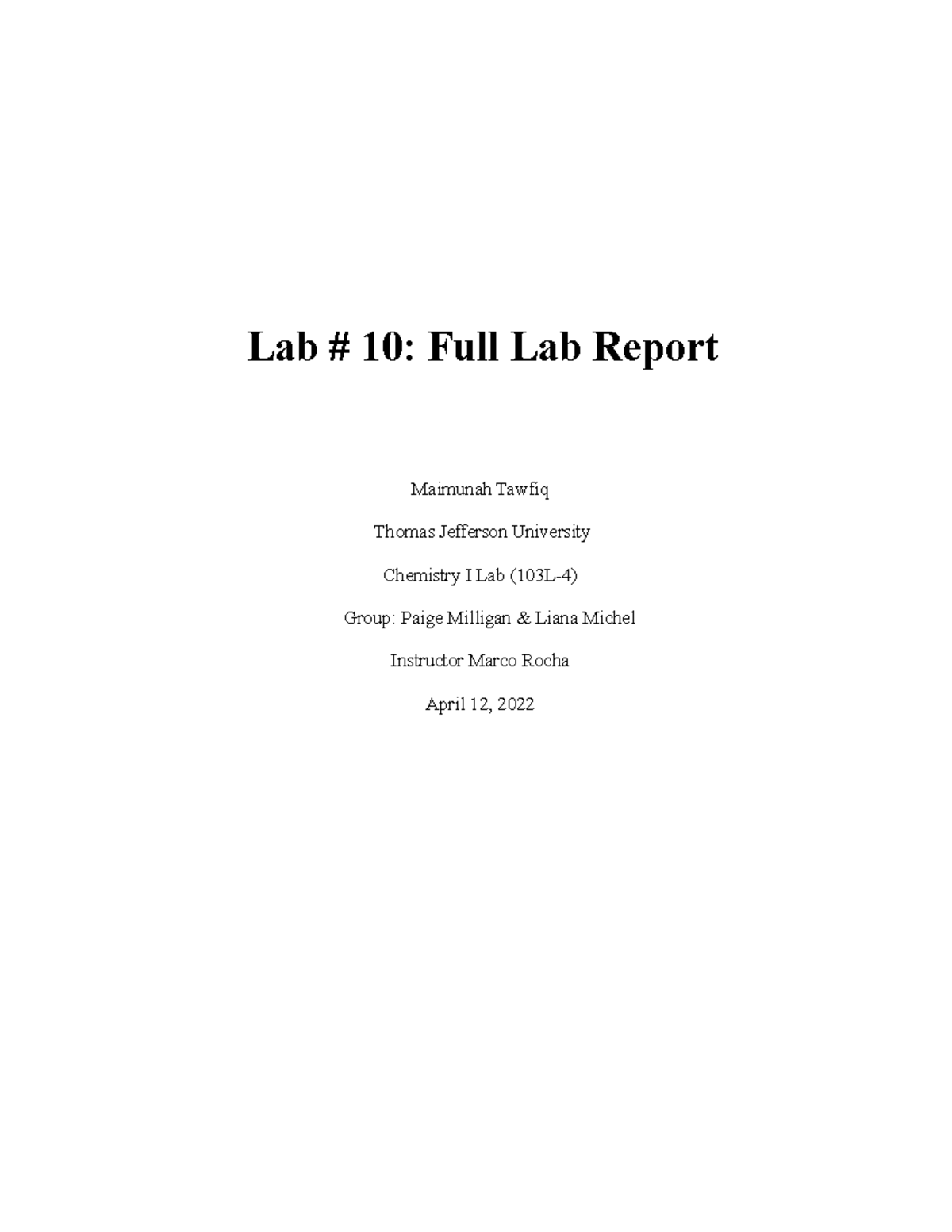 LAB 10 ( Upload) - Maimunah Tawfiq - CHEM103L - Jefferson - Studocu
