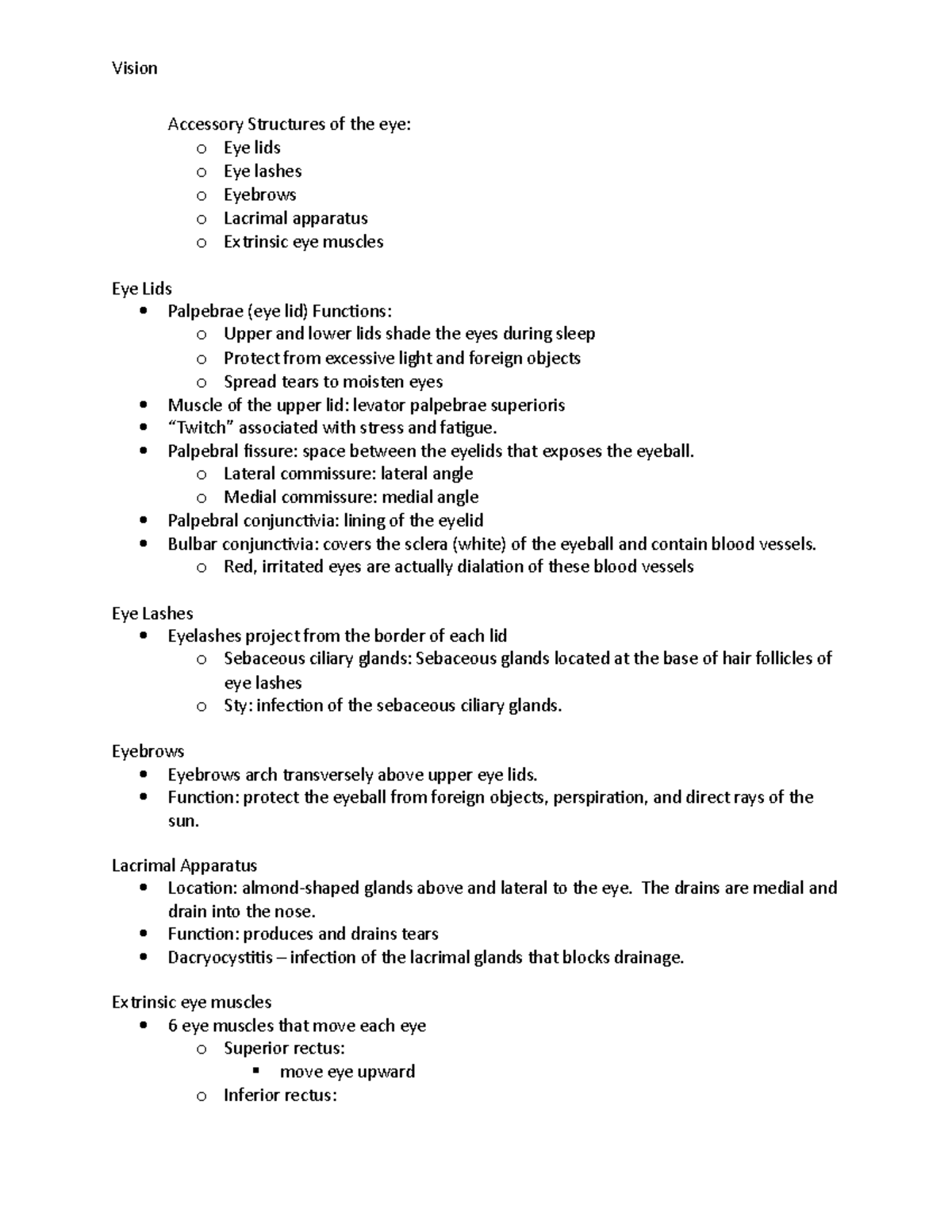 Vision - Lecture notes Special Senses - Accessory Structures of the eye ...