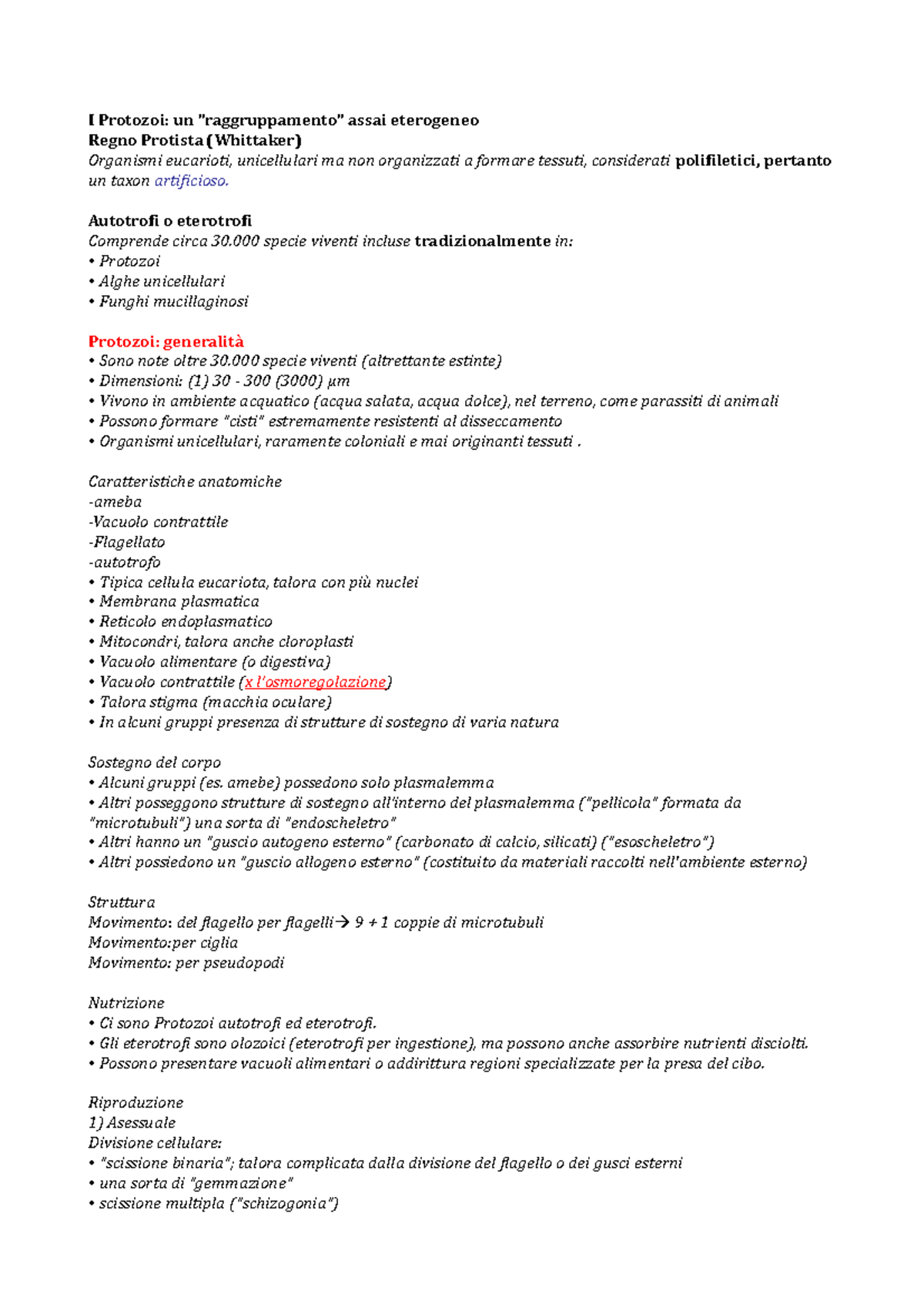 RIASSUNTO 2 PROGRAMMA ESAME - I Protozoi: un "raggruppamento" assai eterogeneo Regno - Studocu