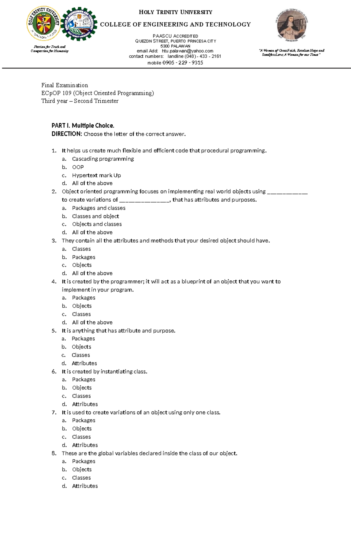 OOPpart 1 - exam - Passion for Truth and Compassion for Humanity “A ...