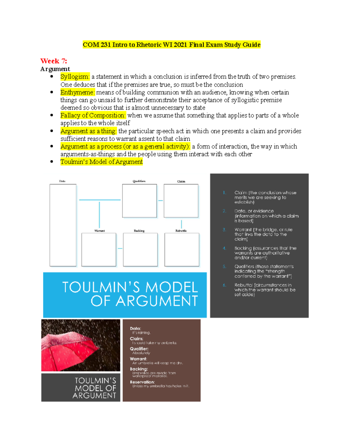 COM 231 Intro to Rhetoric WI 2021 Final Exam Study Guide - One deduces ...
