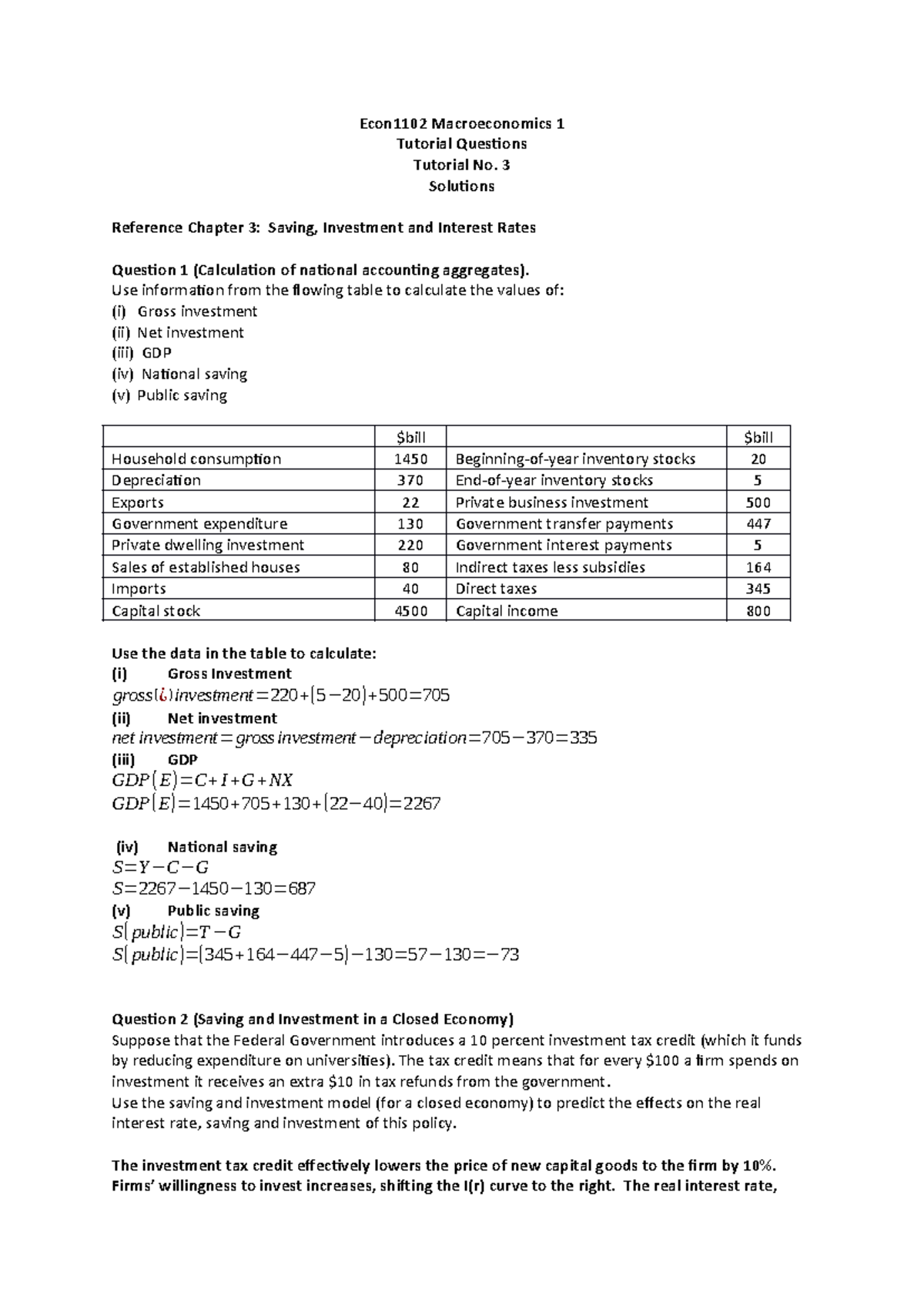 Tutorial No 3 T2 W4 sol - SOLUTION - Econ1102 Macroeconomics 1 Tutorial Questons Tutorial No. 3 ...