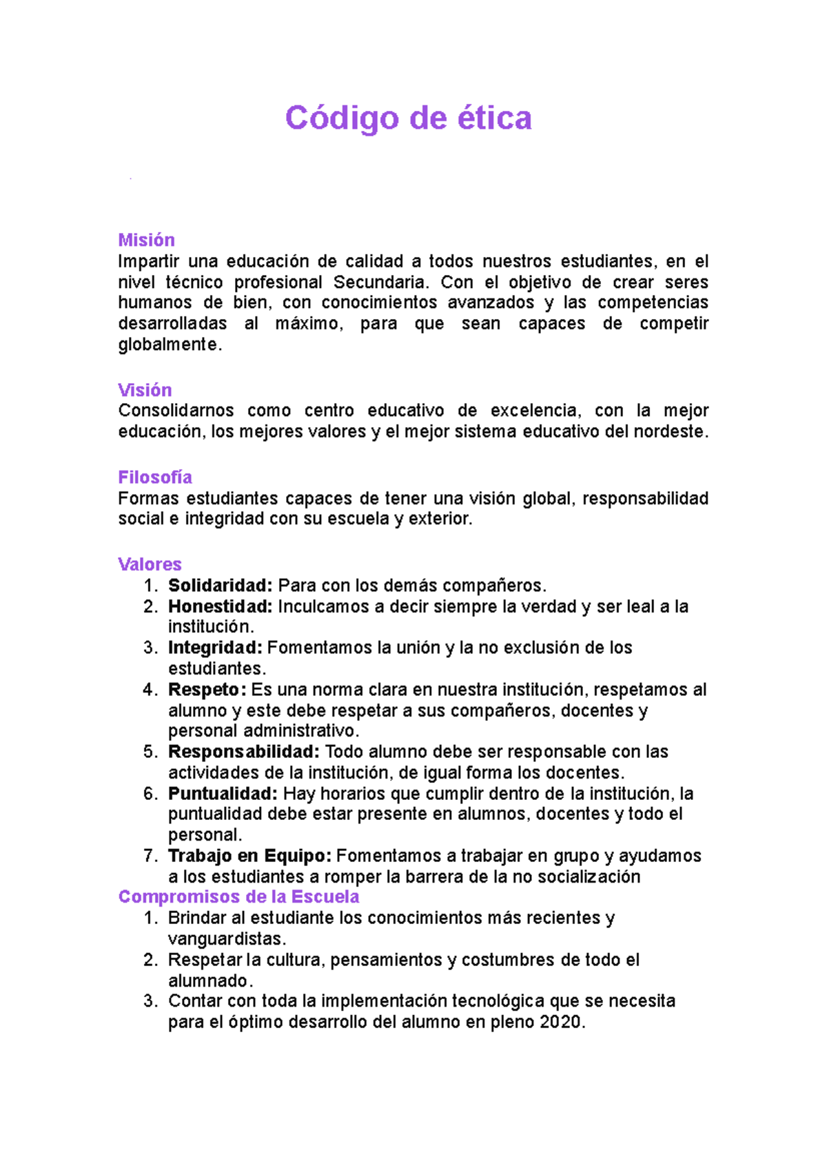 Código de ética - Codigo de etica - Código de ética Misión Impartir una ...