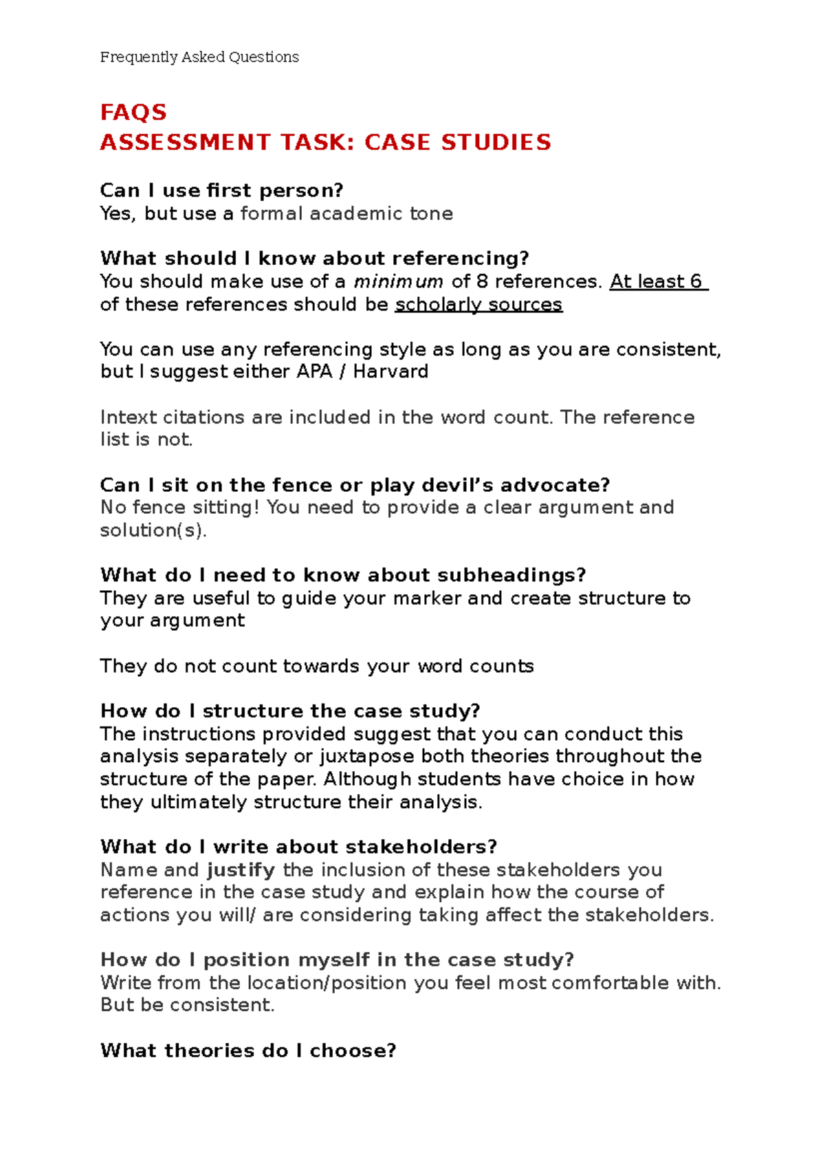 Case Study FAQ - Frequently Asked Questions FAQS ASSESSMENT TASK: CASE ...