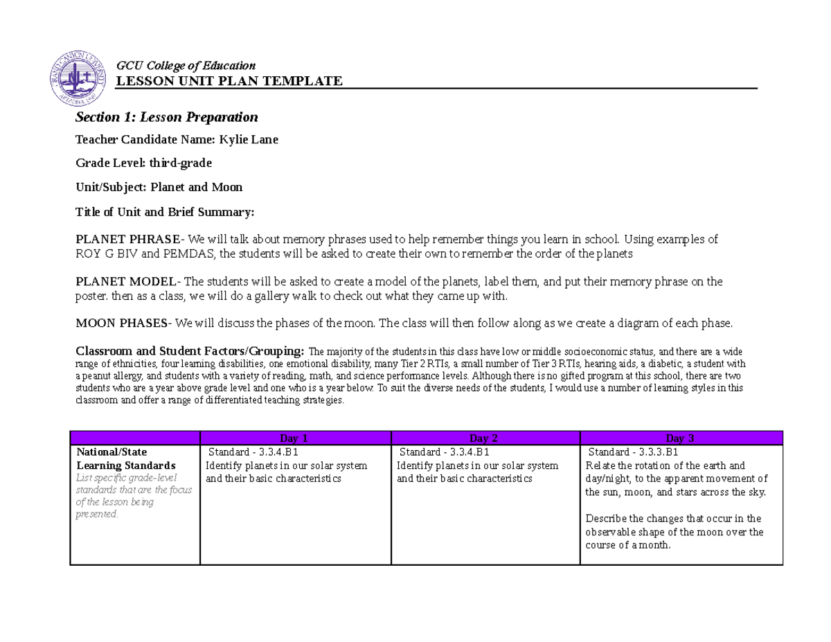 3-day unit plan template - Section 1: Lesson Preparation Teacher ...