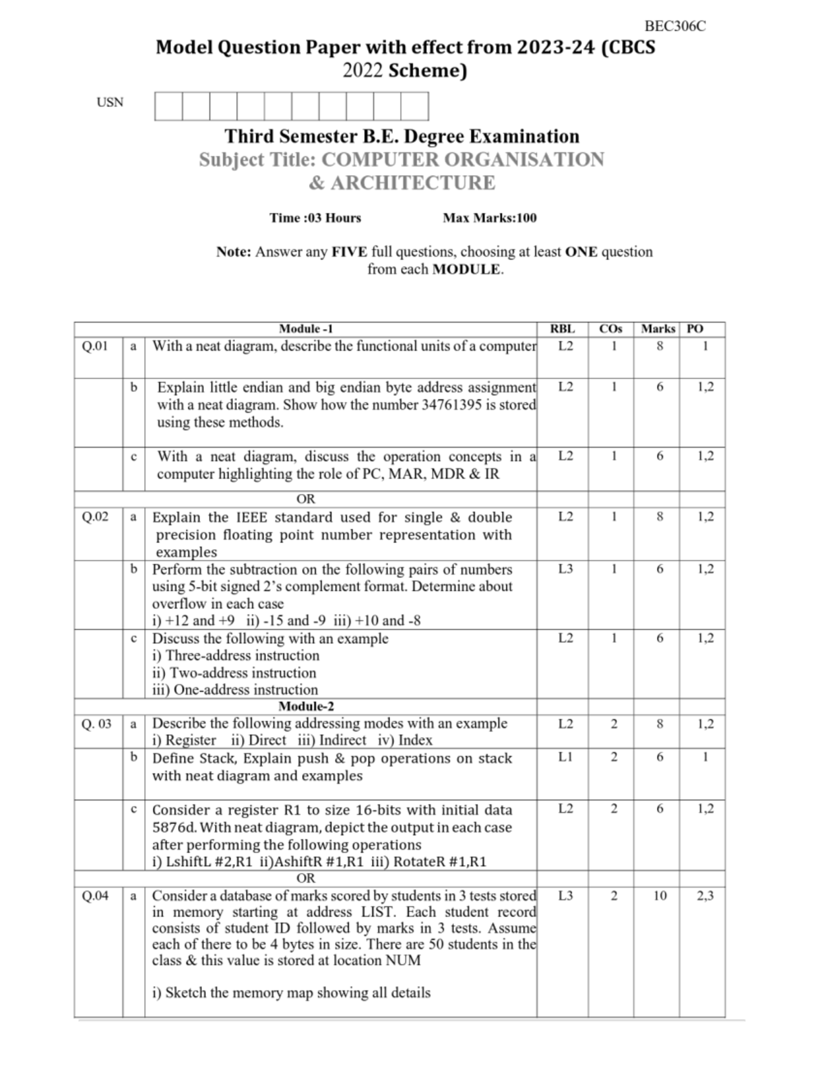 BEC306-2 - model question paper - BEC306C Model Question Paper with ...