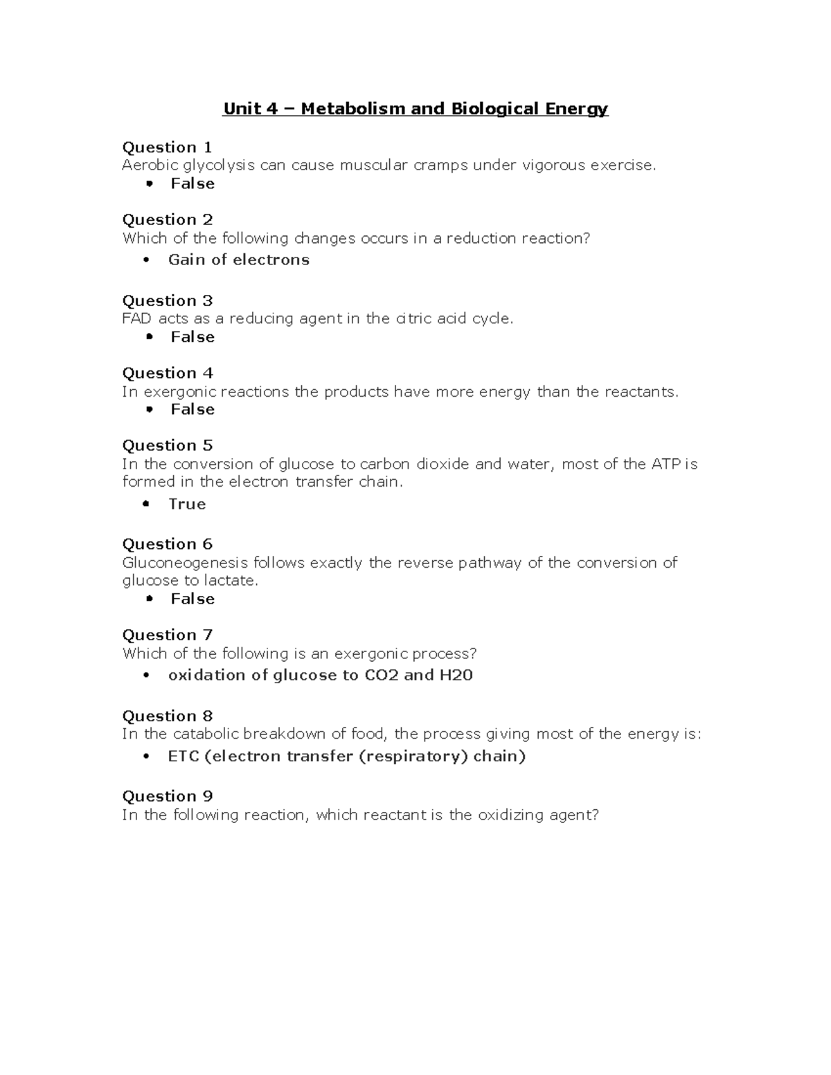 Unit 4 Metabolism and Biological Energy Quiz - Unit 4 – Metabolism and ...