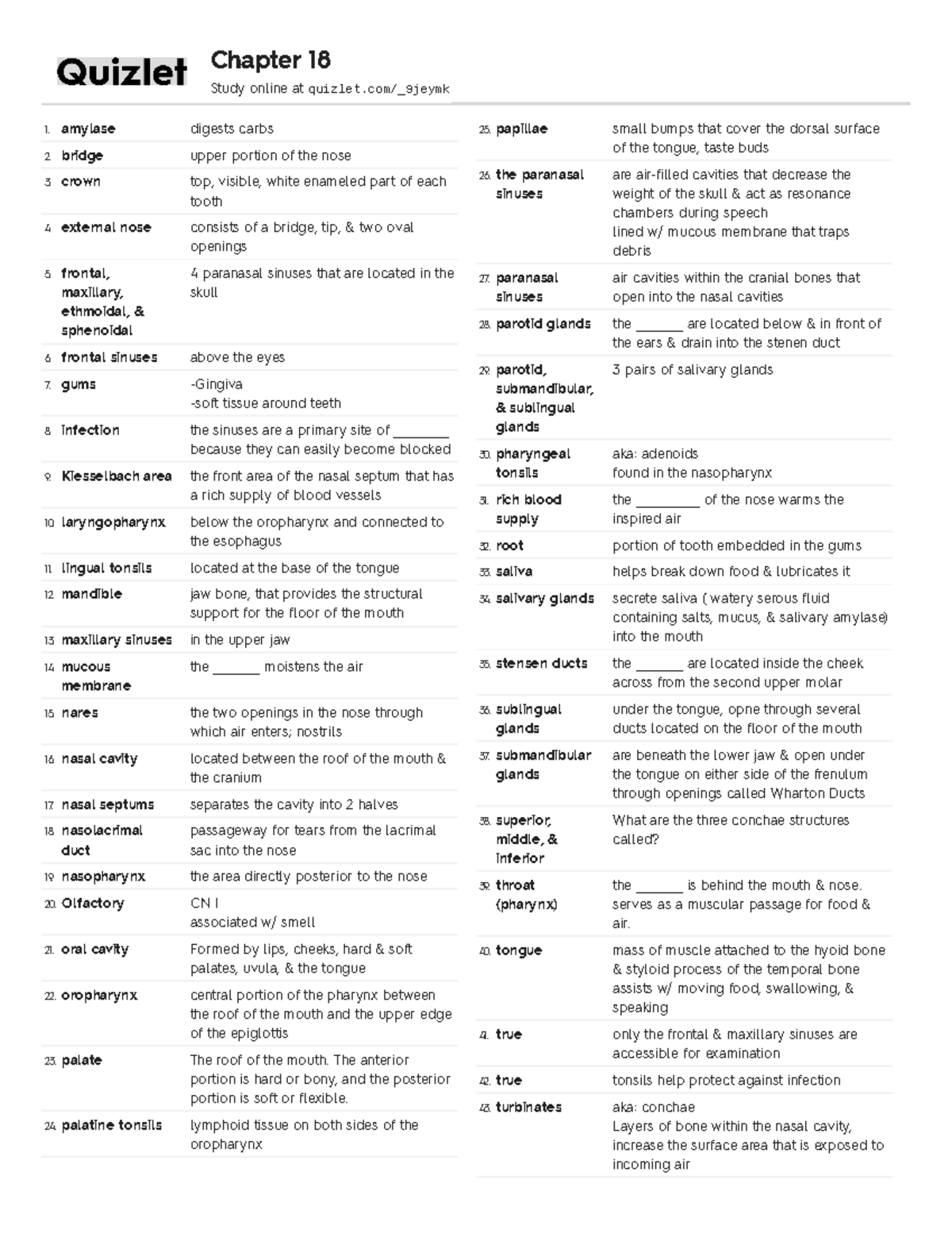 18- Assessing Nose, mouth, throat, & sinuses - amylase digests carbs ...