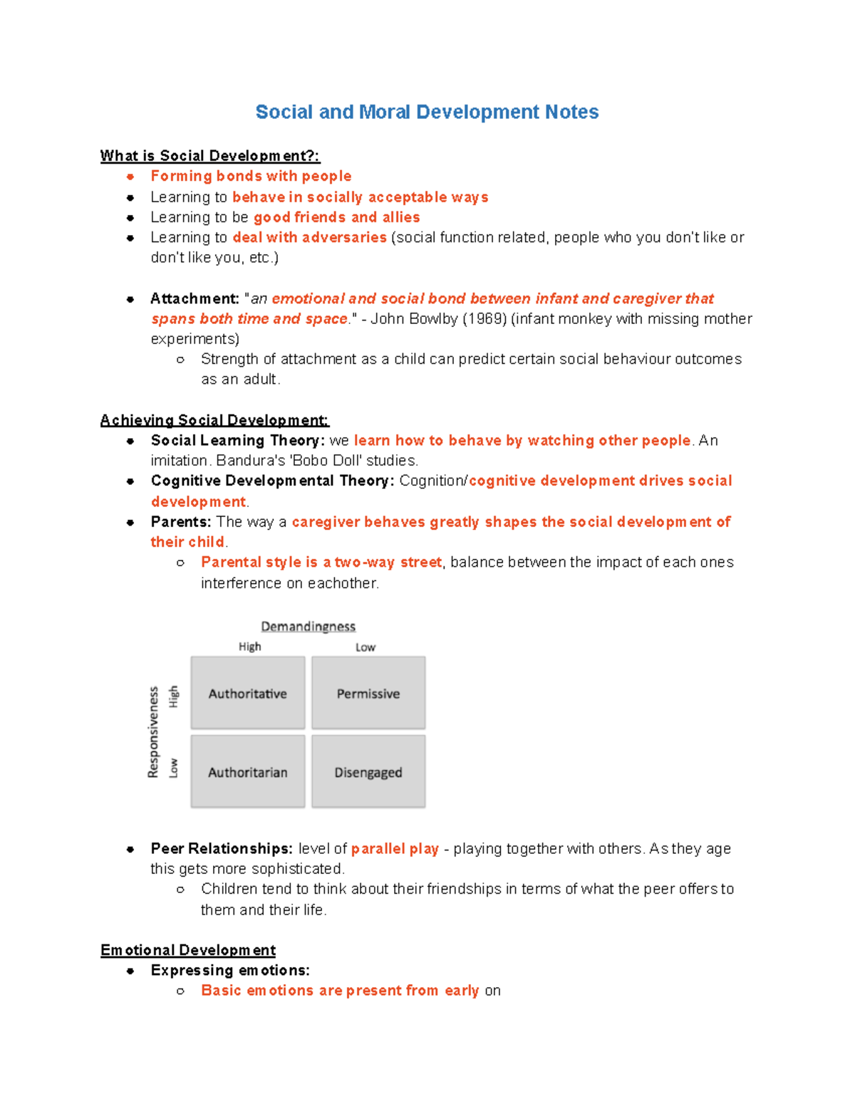 Social and Moral Development Notes - ) Attachment: "an emotional and ...
