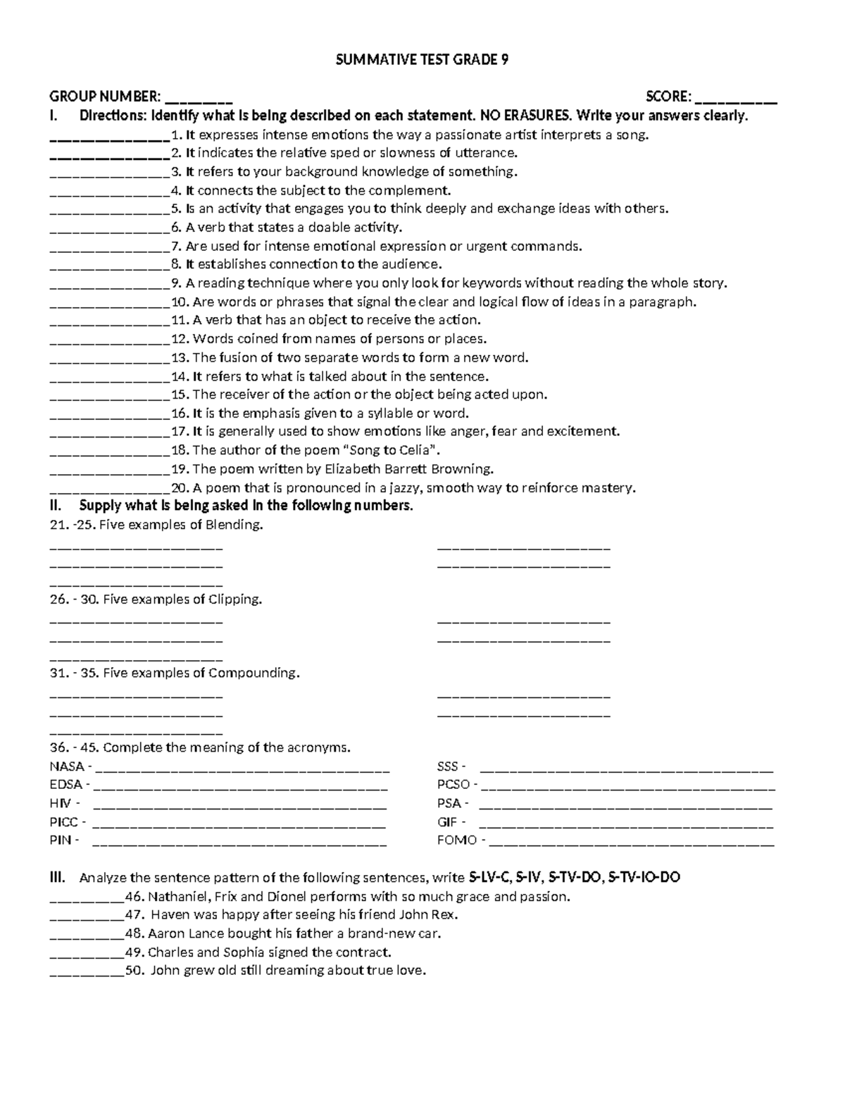 G9 Summative Q1 - SUMMATIVE TEST GRADE 9 GROUP NUMBER: _________ SCORE ...