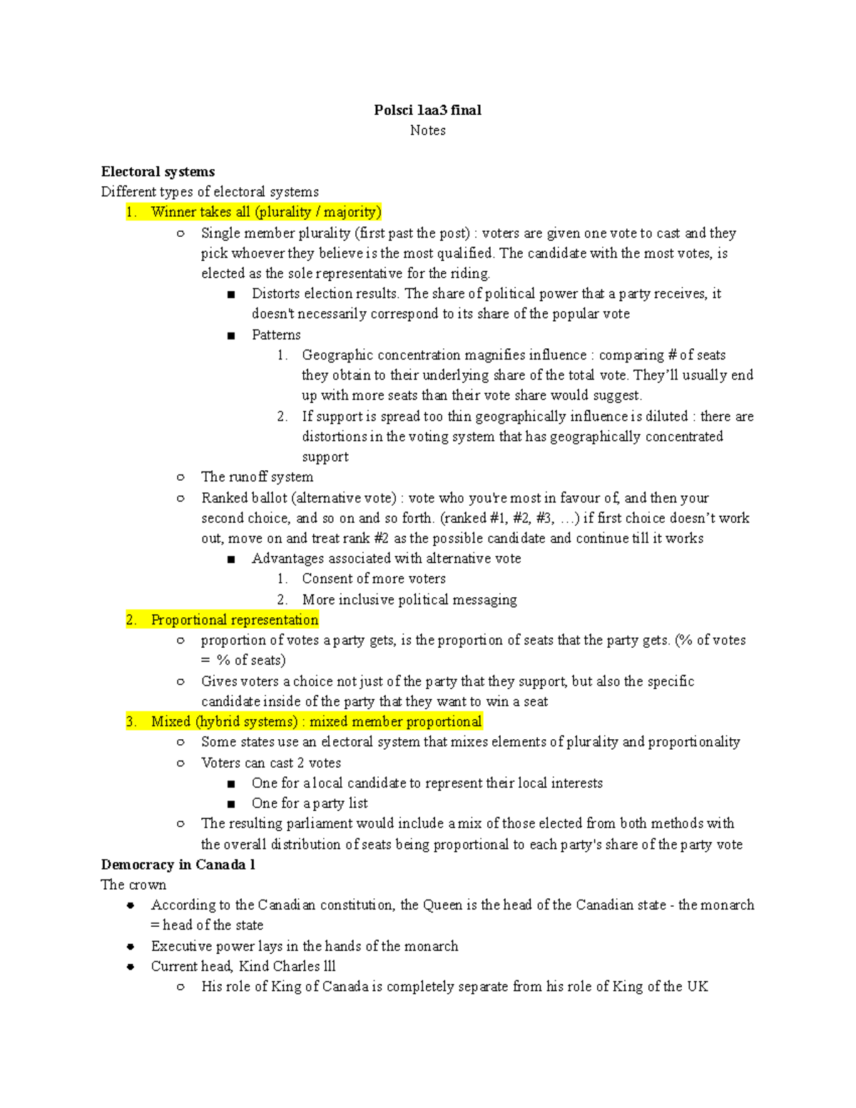 Polsci 1aa3 final notes - Polsci 1aa3 final Notes Electoral systems ...
