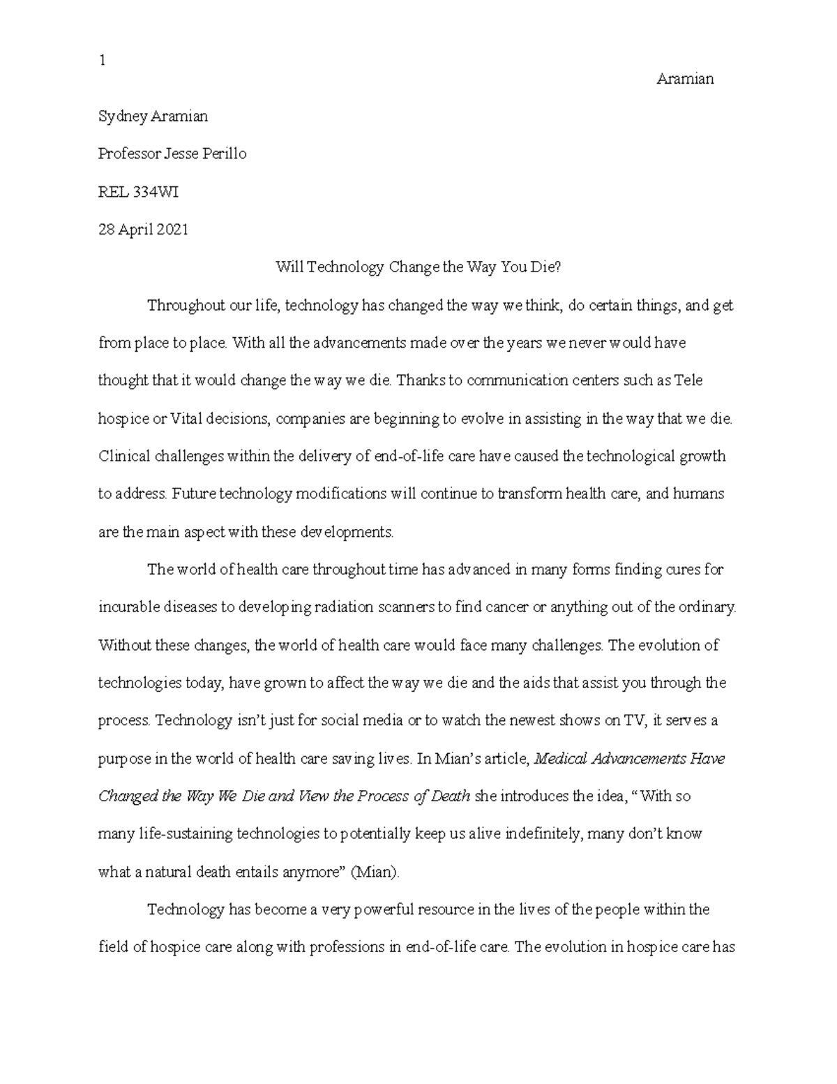 Rel assign. #3 final draft - Aramian Sydney Aramian Professor Jesse ...