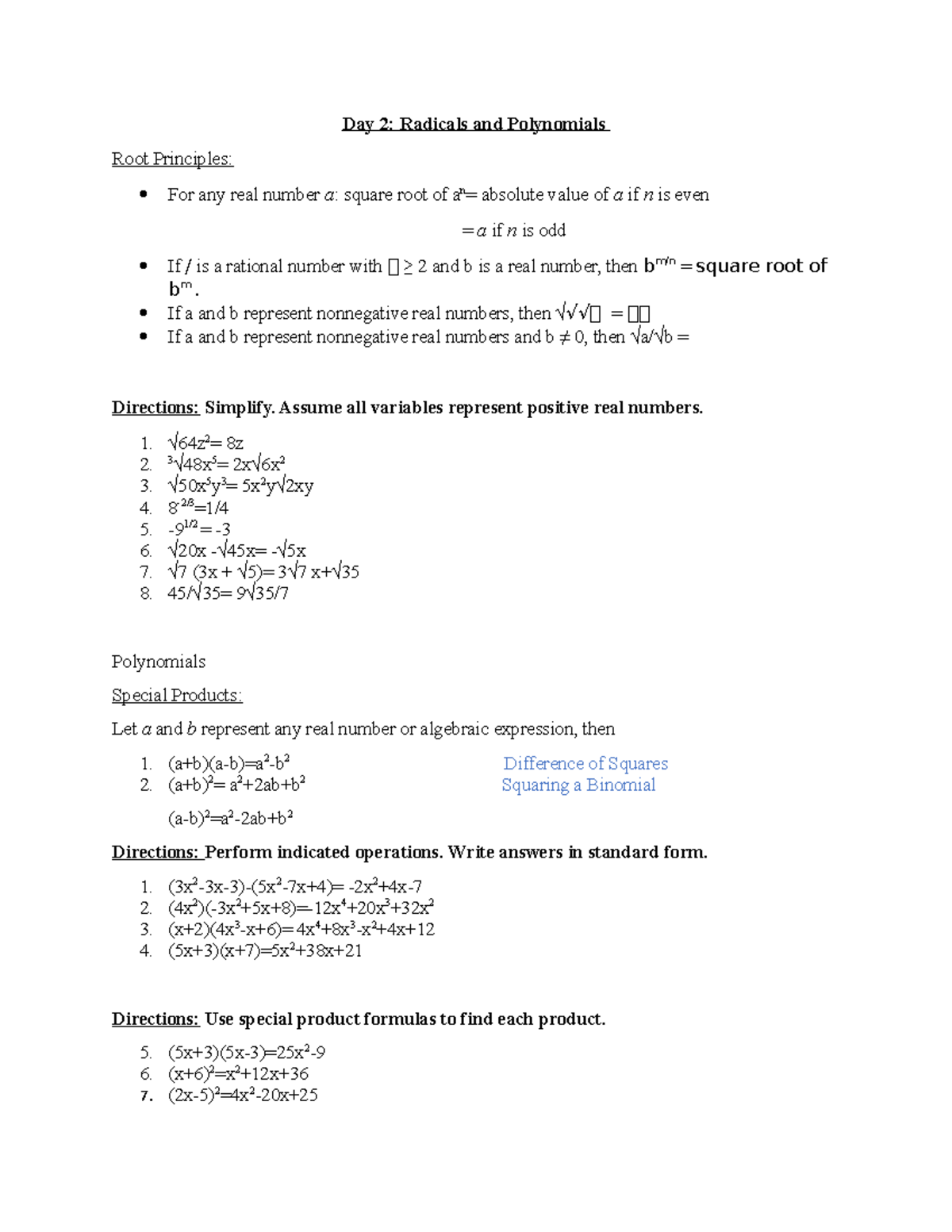 Day 2 Radicals and Polynomials - Day 2: Radicals and Polynomials Root ...