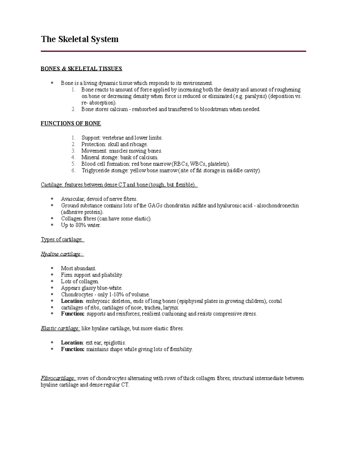 The Skeletal System - Lecture notes 3 - The Skeletal System BONES ...