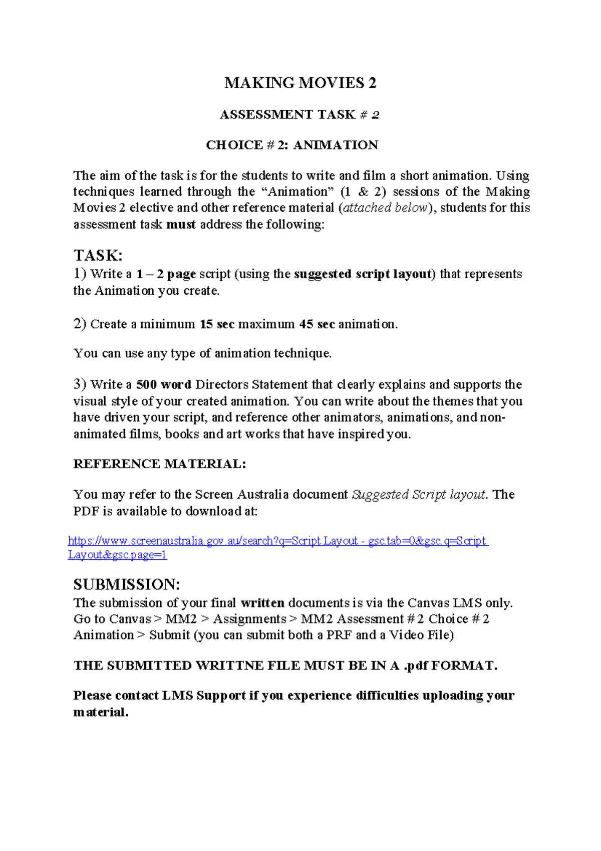 Assessment information Choice # 2 - Animation - MAKING MOVIES 2 ...