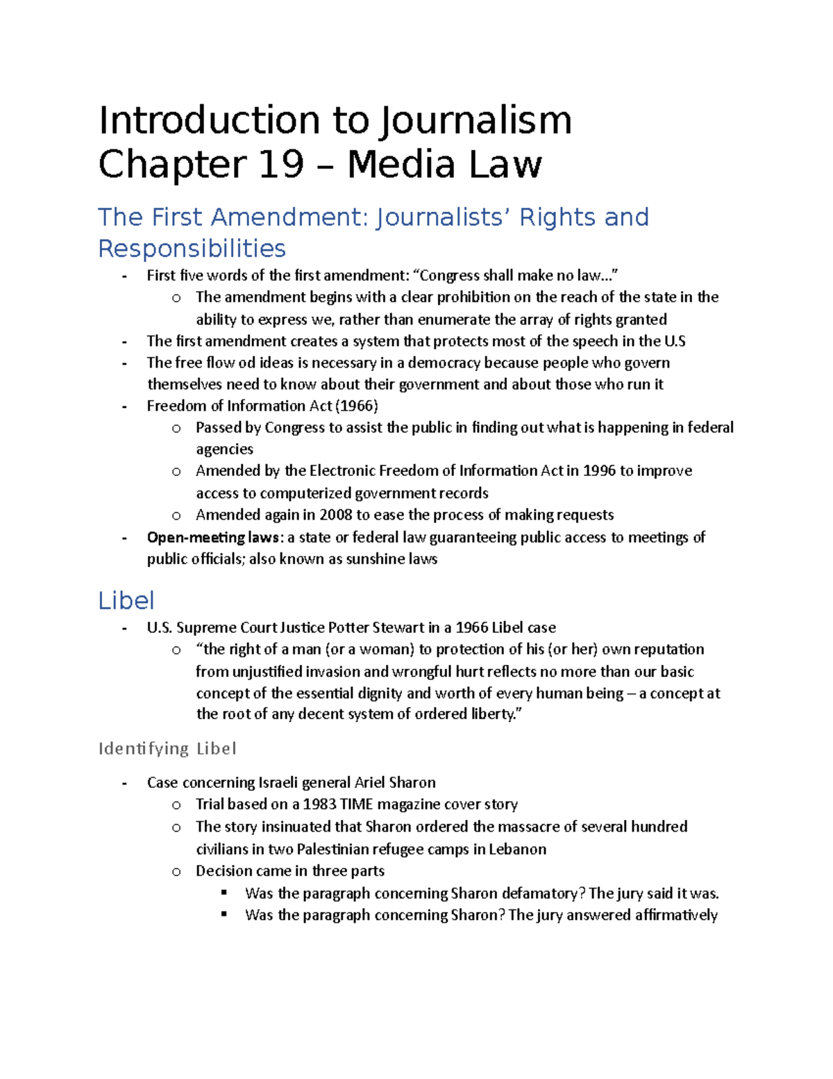 Final Notes - Introduction to Journalism Chapter 19 – Media Law The ...