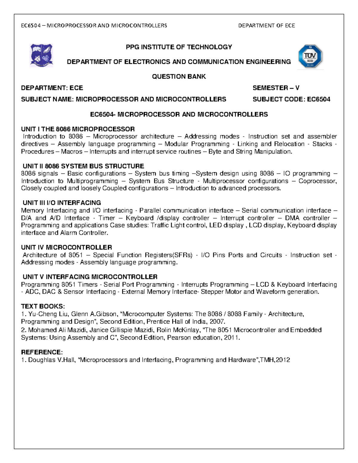 EC6504 MP & MC Question BANK - PPG INSTITUTE OF TECHNOLOGY DEPARTMENT OF ELECTRONICS AND - Studocu