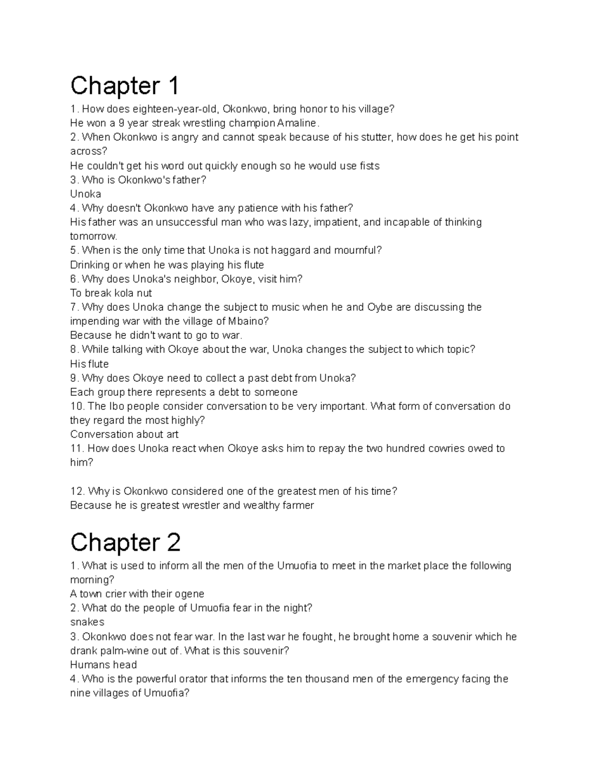 Things fall apart Q A Chapter 1-3 - Chapter 1 How does eighteen-year ...