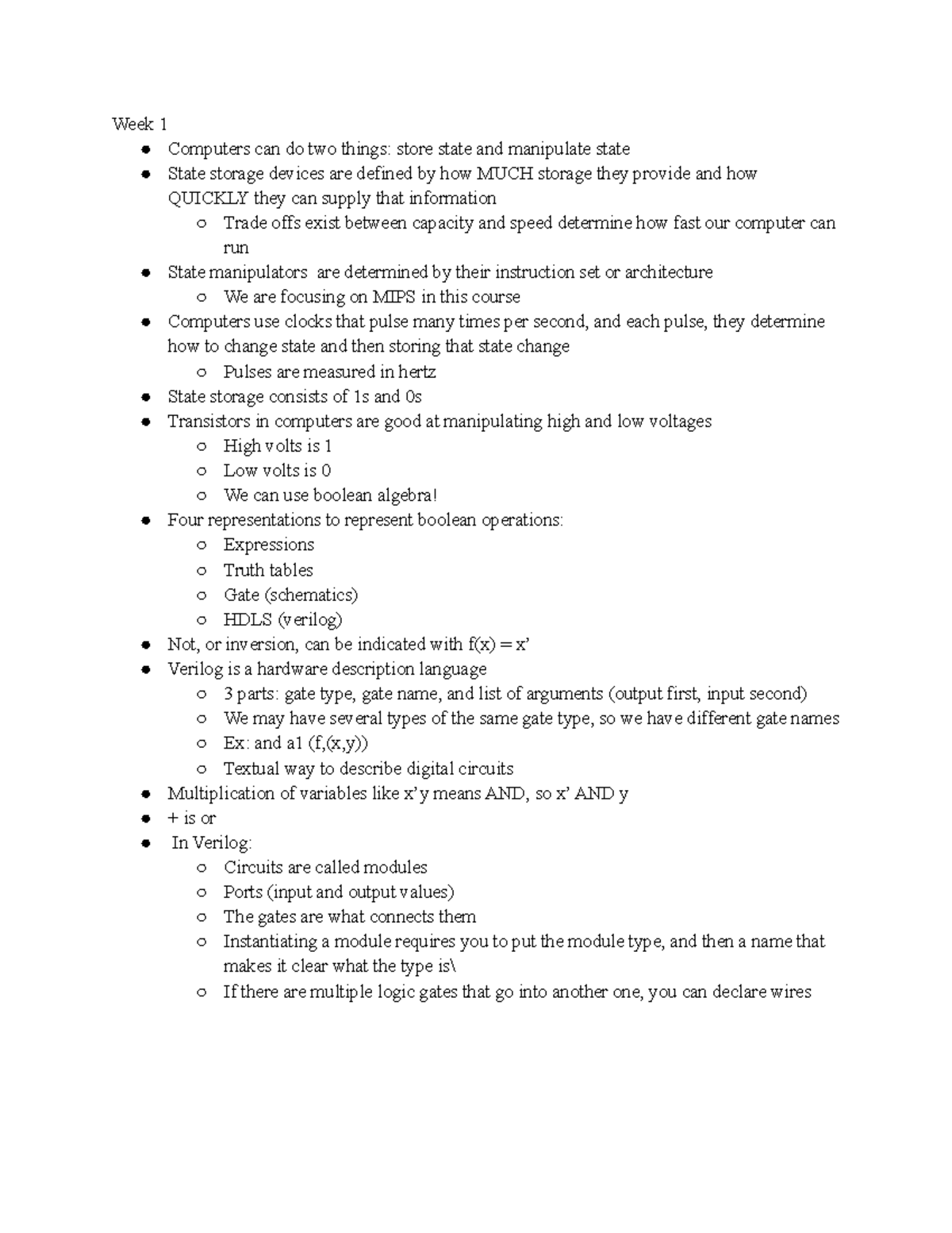 Cs 233 Notes Current Topics For Weeks 1 5 Week 1 Computers Can Do Two Things Store State