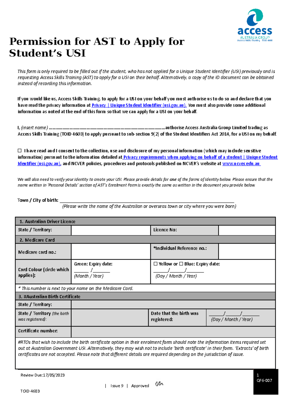 Permission for AST to Apply for Students USI - Permission for AST to ...