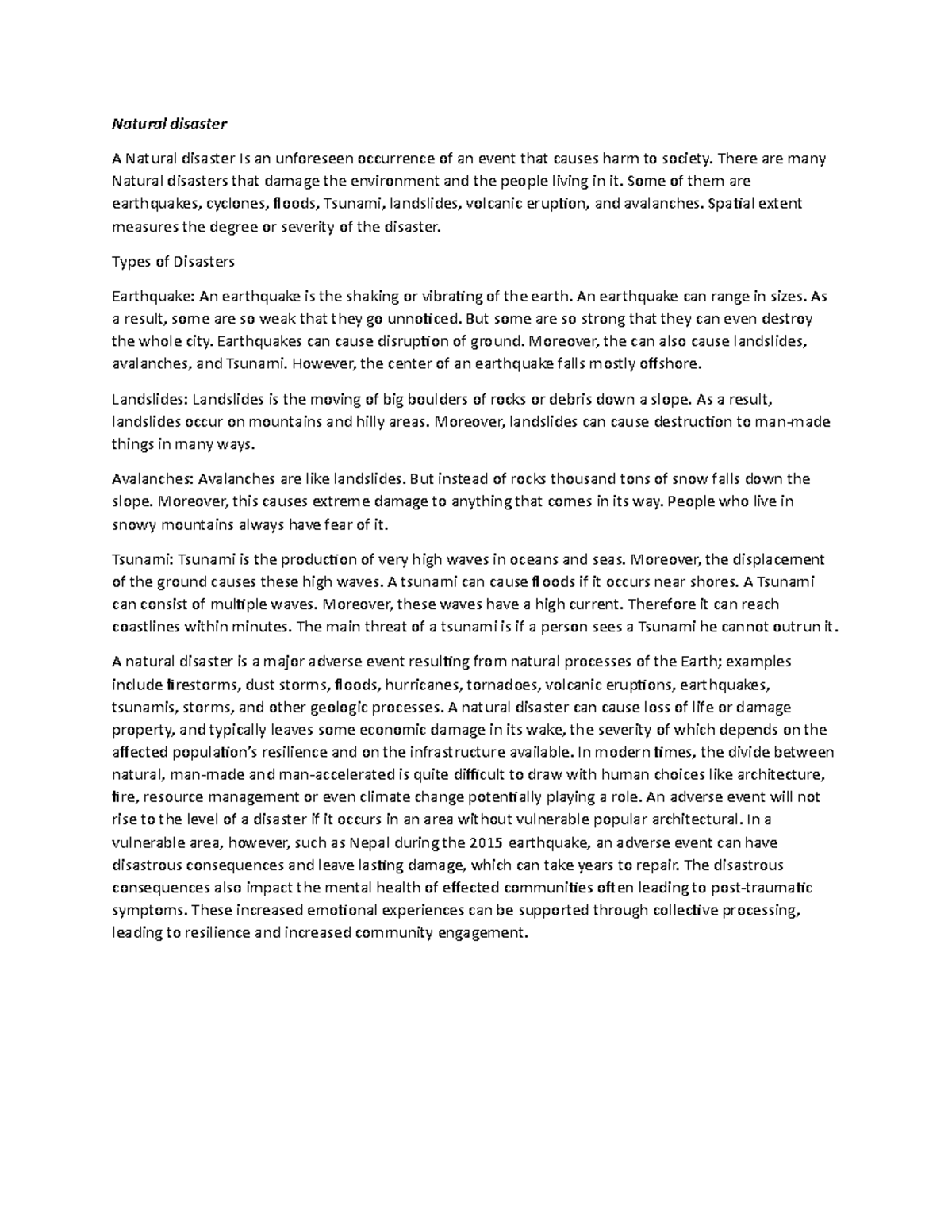 Natural disasters - Lecture notes 1 - Natural disaster A Natural ...