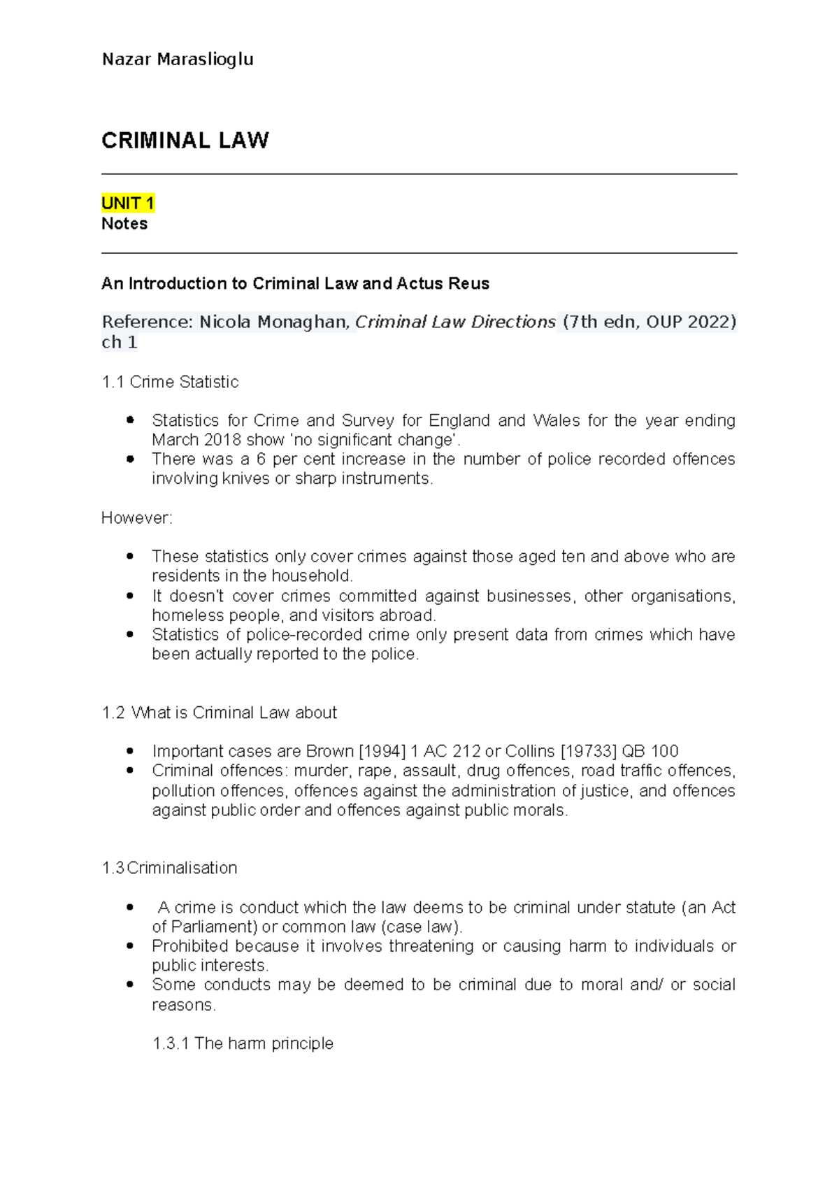 An Introduction to Criminal Law and Actus Reus notes - CRIMINAL LAW ...