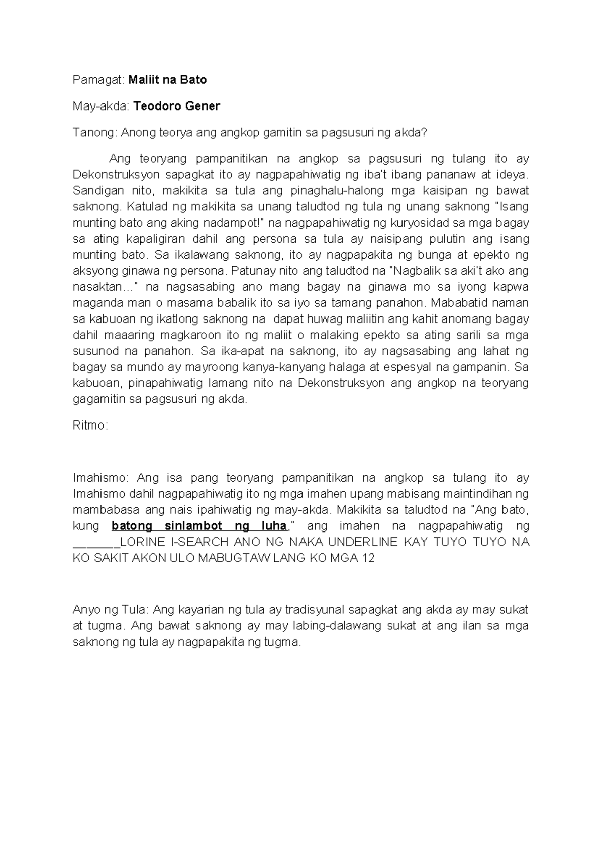 Soslit - Pamagat: Maliit na Bato May-akda: Teodoro Gener Tanong: Anong ...