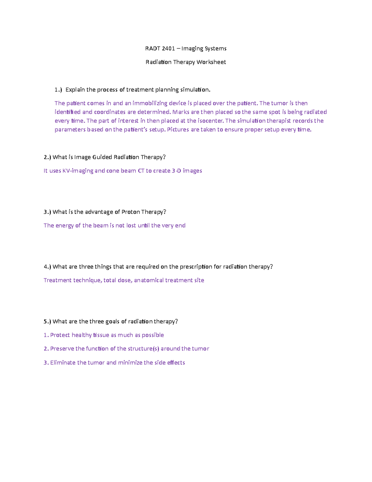 Radiation Therapy Worksheet - RADT 2401 – Imaging Systems Radiation ...