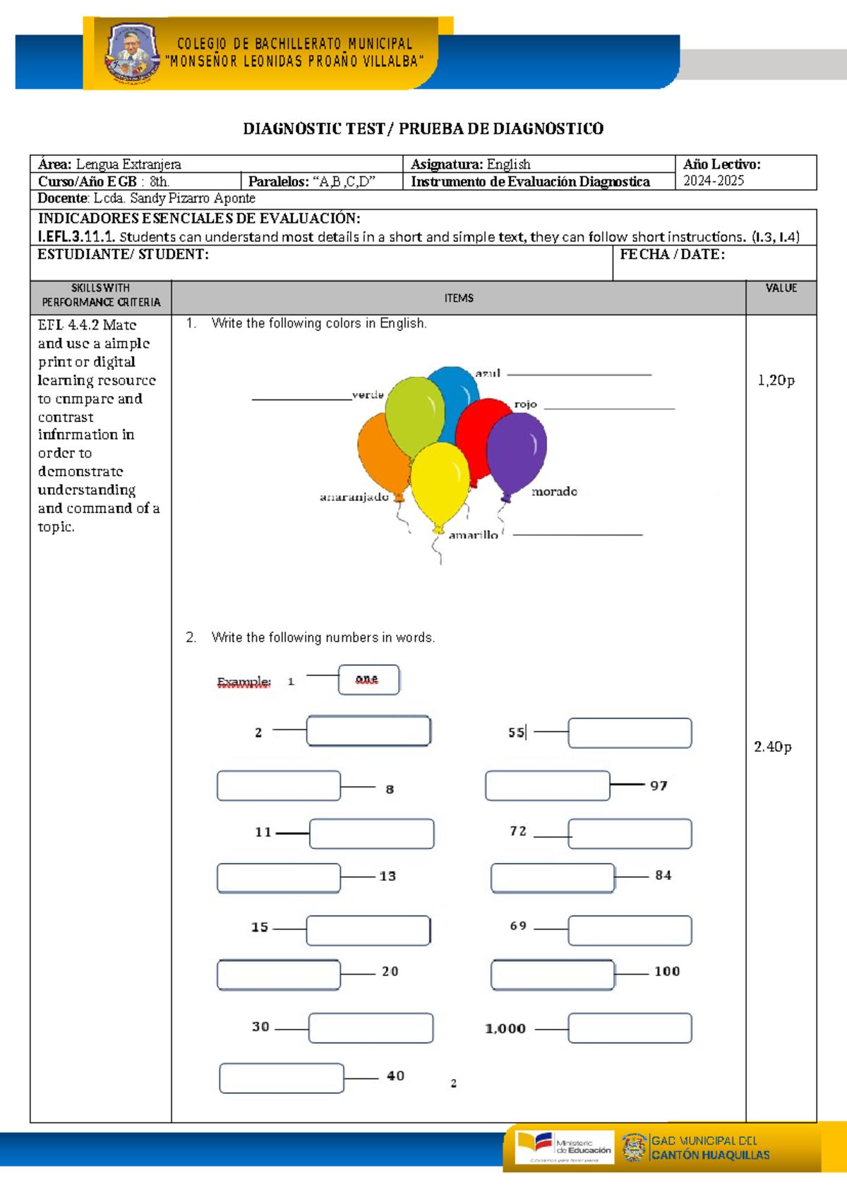 Evaluacion Diagnostica Octavo ANO - C O L E G I O D E B A C H I L L E R A T O M U N I C I P A L ...