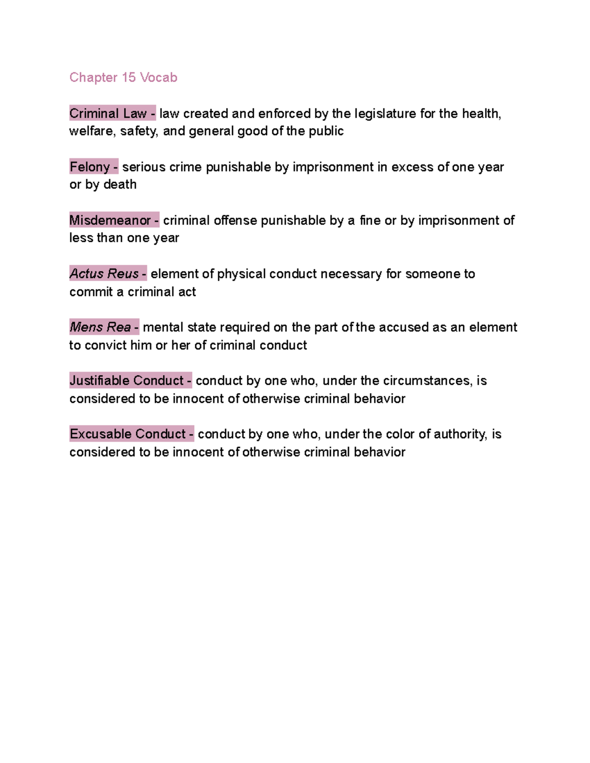 Intro to Law Chapter 15 vocab - Chapter 15 Vocab Criminal Law - law ...