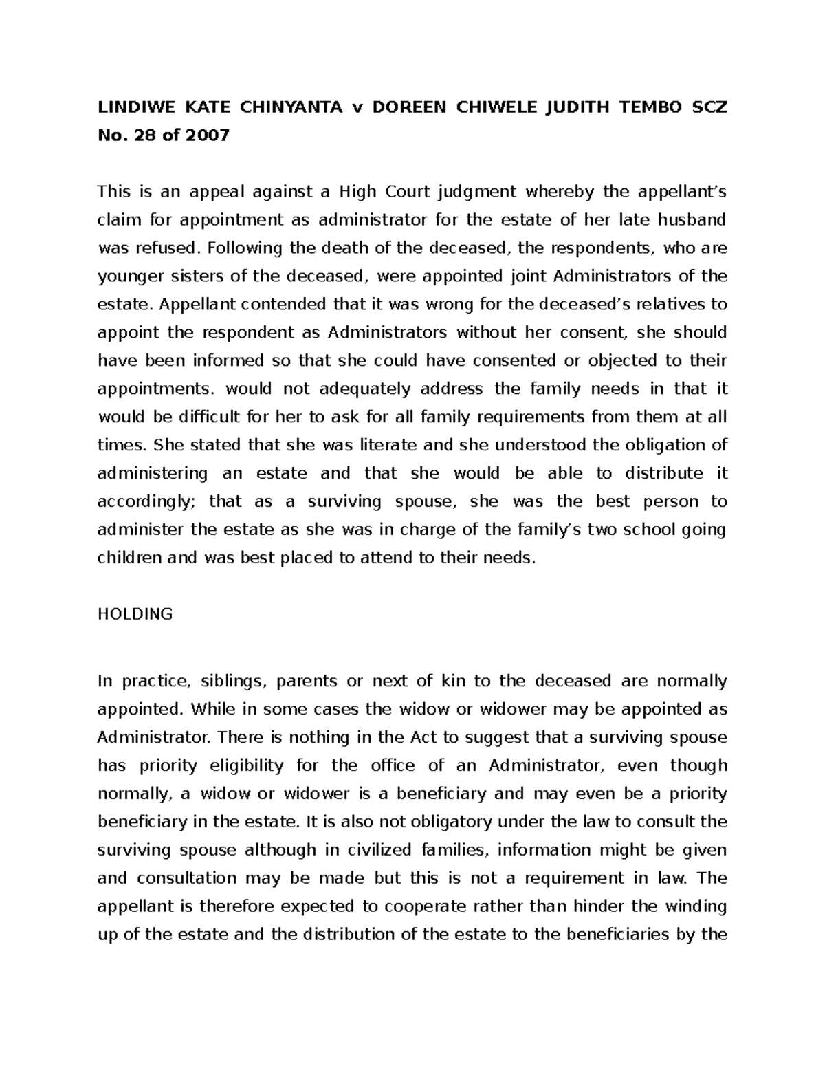 Lindiwe Kate Chinyanta v Doreen Chiwele Judith Tembo - LINDIWE KATE ...