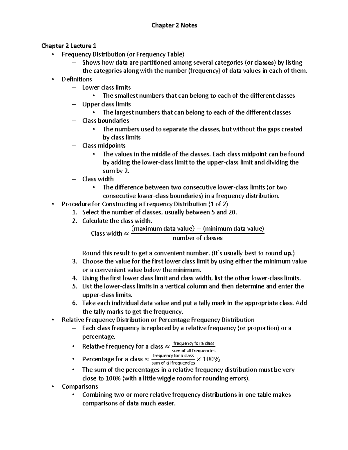 Chapter 2 notes - Chapter 2 Lecture 1 - Frequency Distribution (or ...