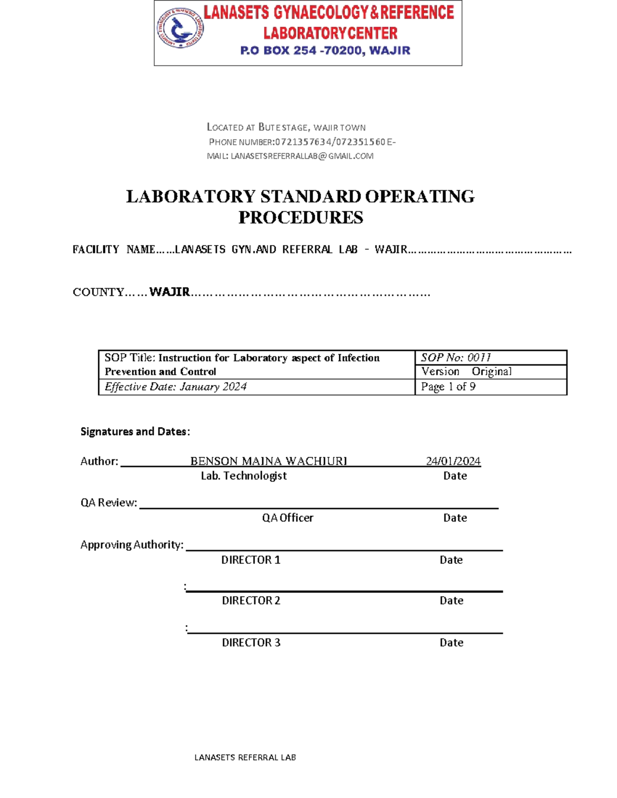 Instruction for Laboratory aspect of Infection Prevention and Control ...