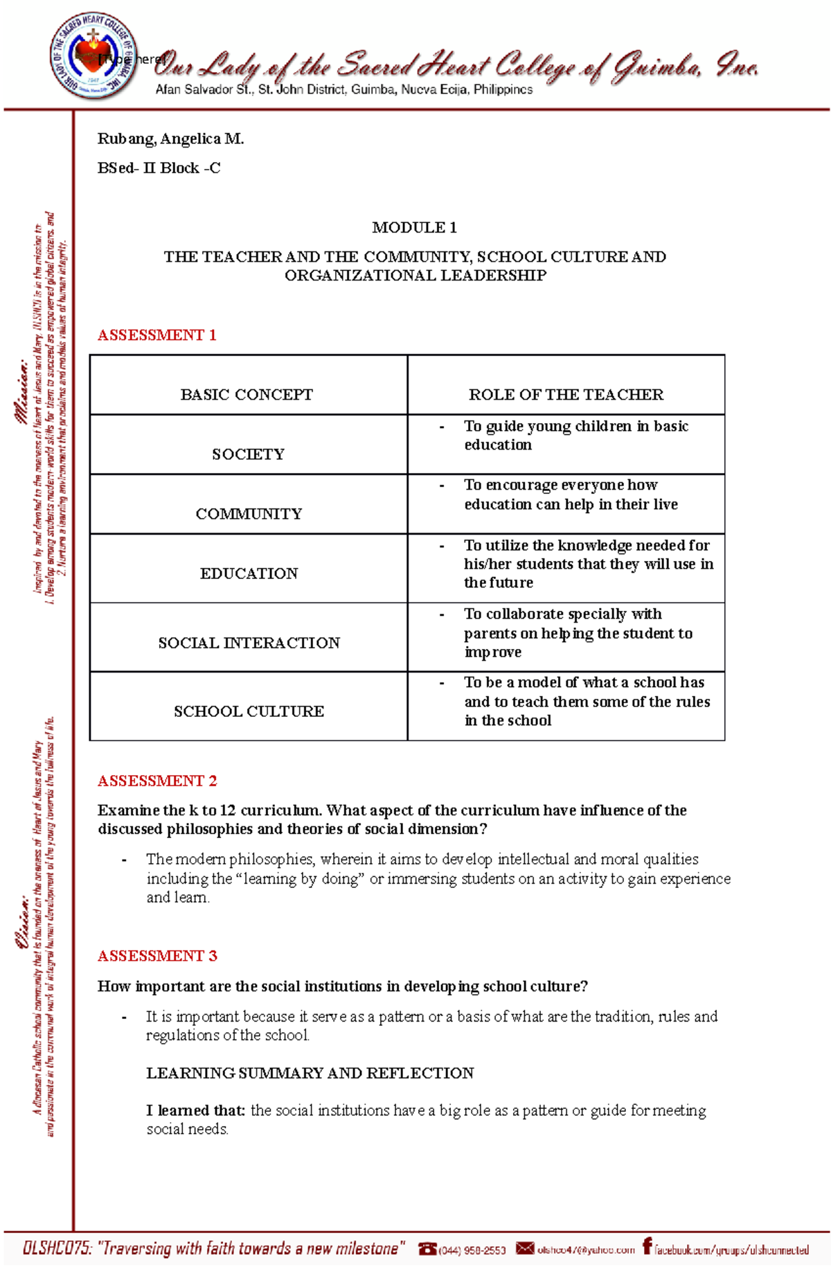 Assessment 1 - Rubang, Angelica M. BSed- II Block -C MODULE 1 THE TEACHER AND THE COMMUNITY ...