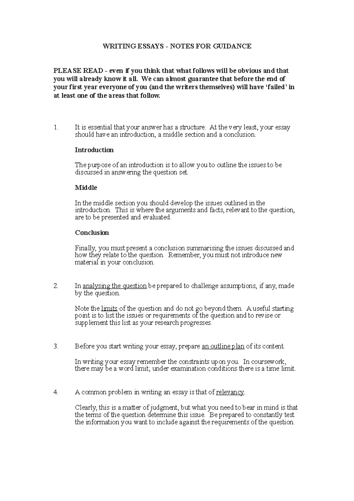 Guide to Essay Writing - WRITING ESSAYS - NOTES FOR GUIDANCE PLEASE ...