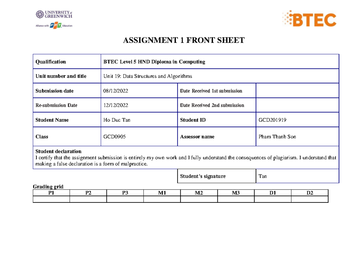 ASM1 - ASSIGNMENT 1 FRONT SHEET Qualification BTEC Level 5 HND Diploma in Computing Unit number ...