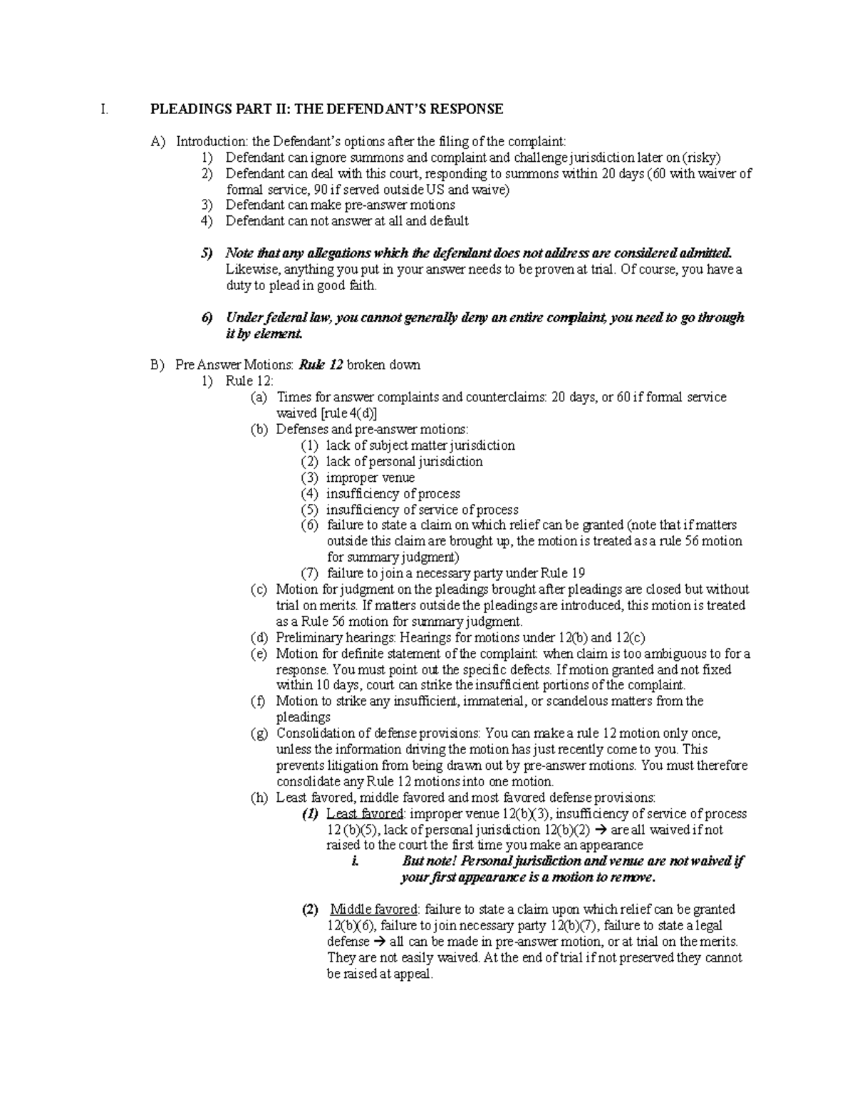 Civil procedure - Prof Randall 2 - I. PLEADINGS PART II: THE DEFENDANT ...