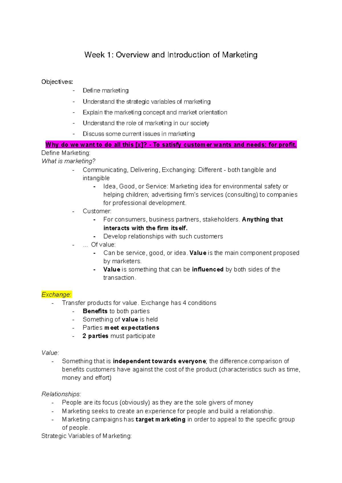 Lesson 1 - Rough Notes - Week 1: Overview and Introduction of Marketing ...