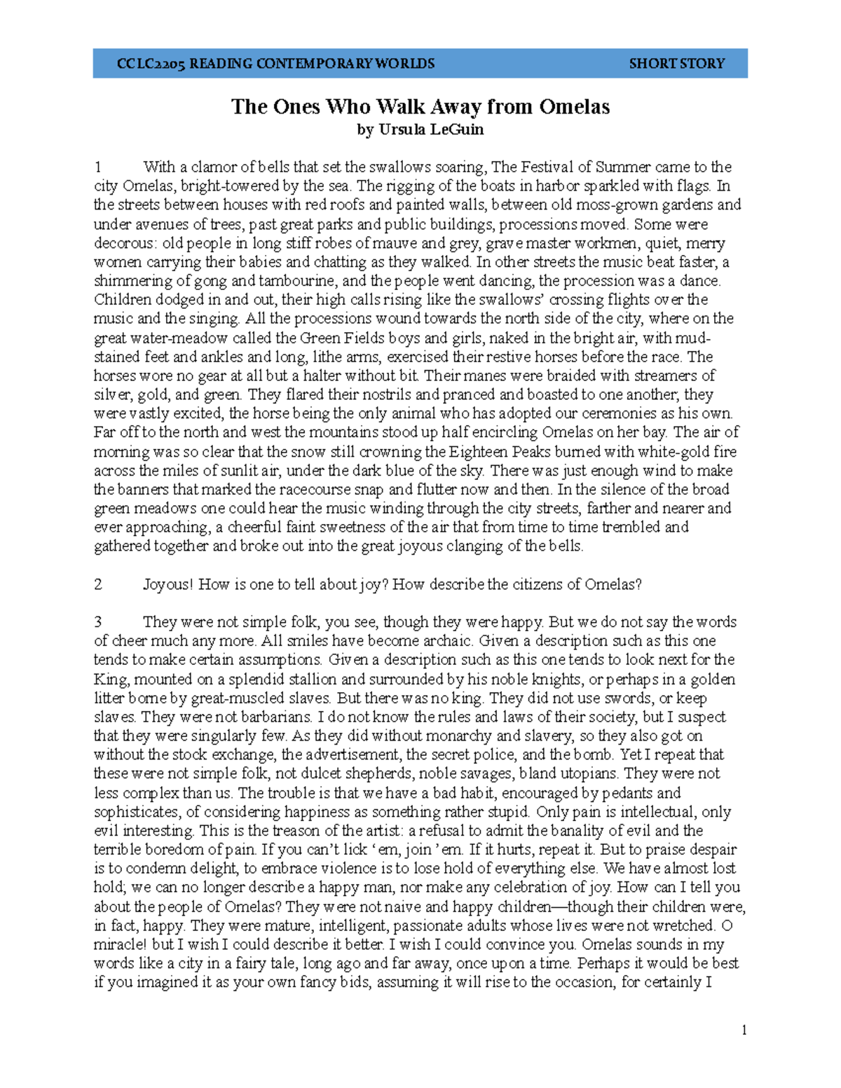 The Ones Who Walk Away from Omelas by Ursula Le Guin - Short Story ...