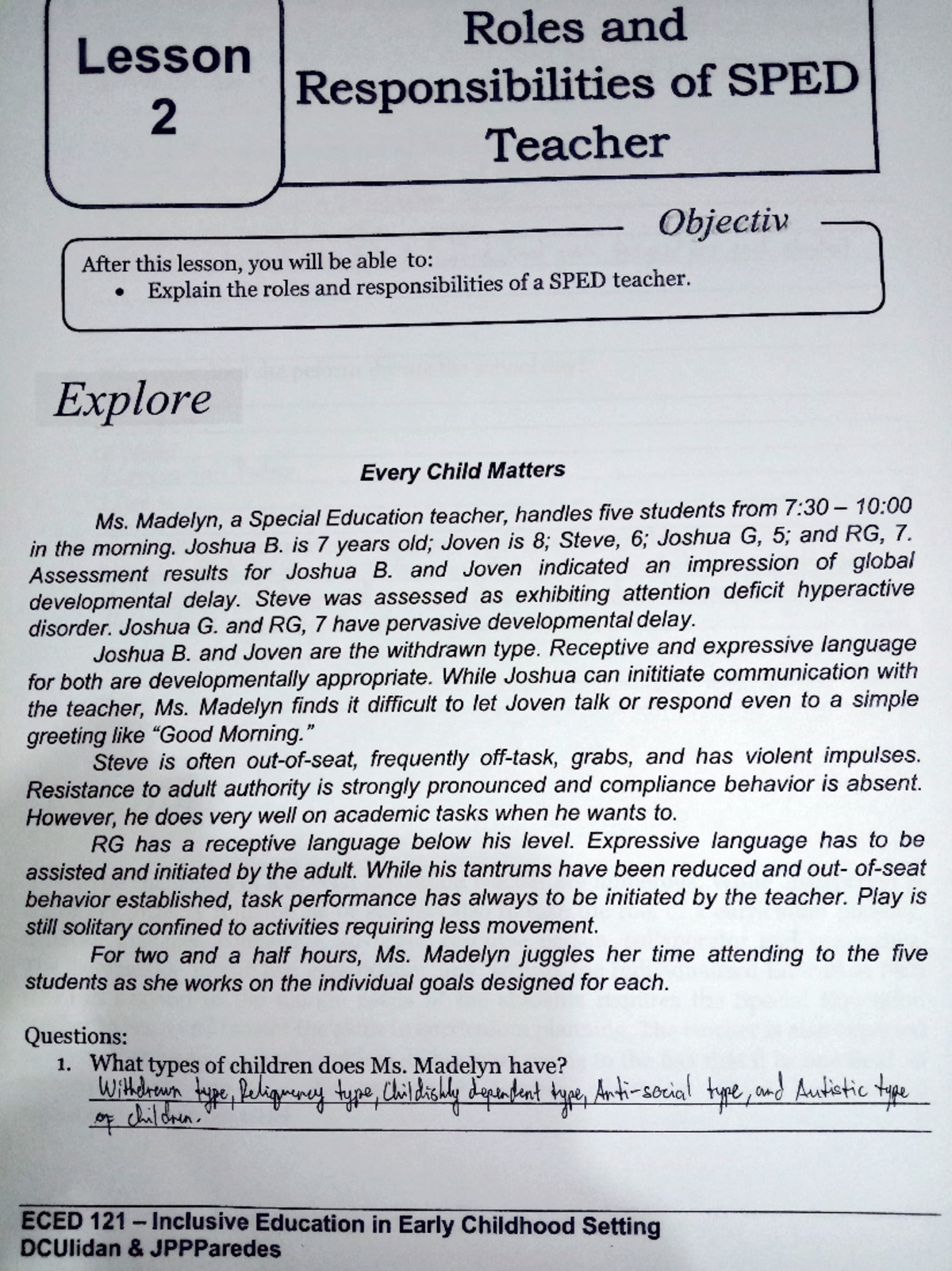 Module 5 Lesson 2 - Roles and Lesson ####### Responsibilities of SPED 2 Teacher Objectiv After ...