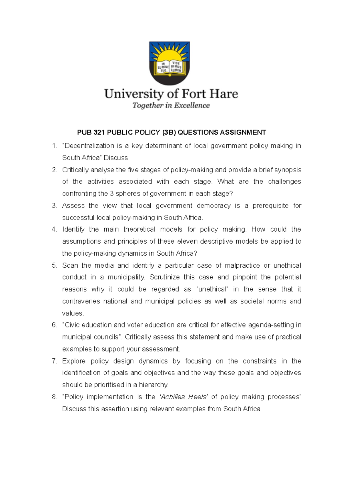 PUB 321 Public Policy Assignment Questions - PUB 321 PUBLIC POLICY (3B) QUESTIONS ASSIGNMENT ...