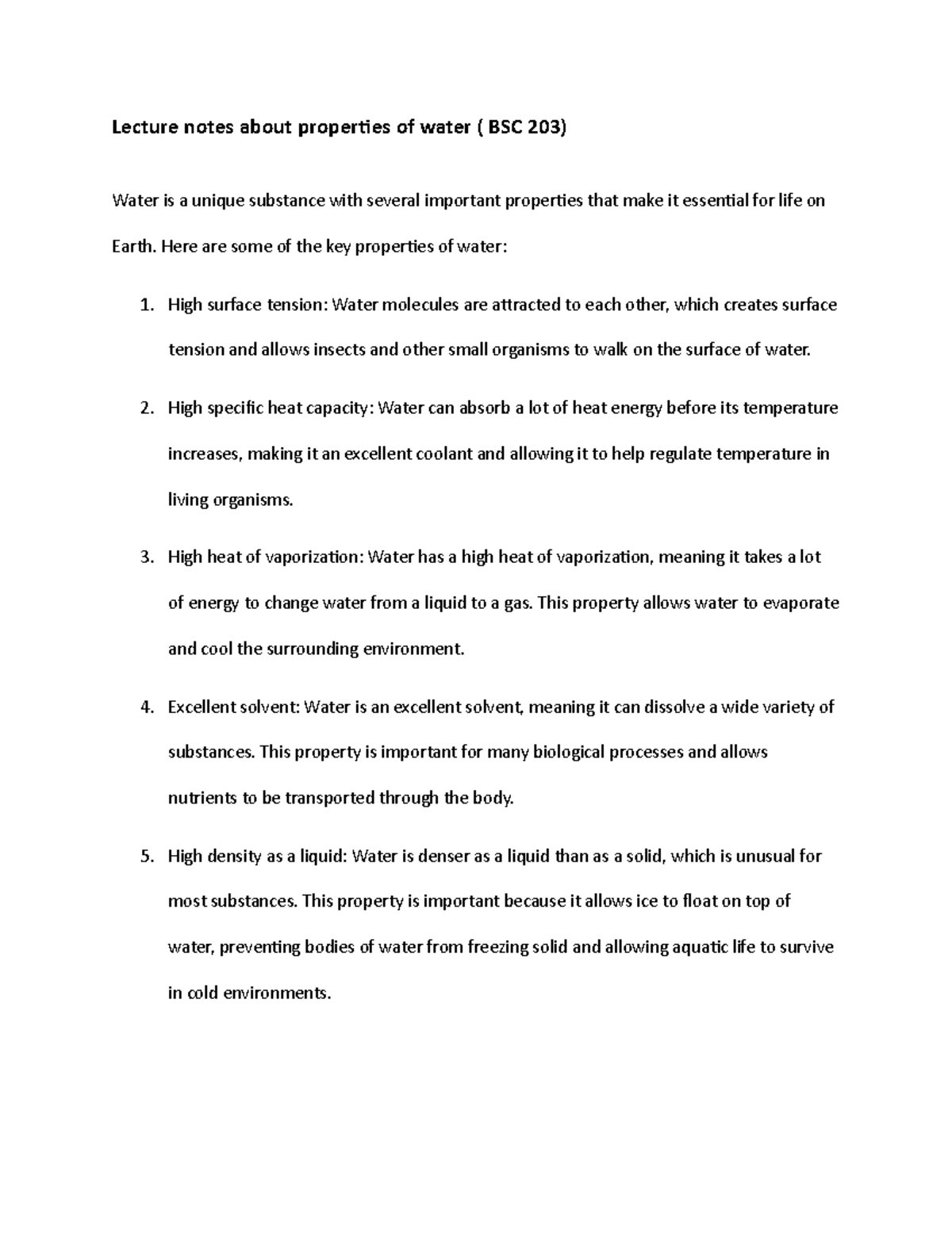 Lecture notes about properties of water - Here are some of the key ...