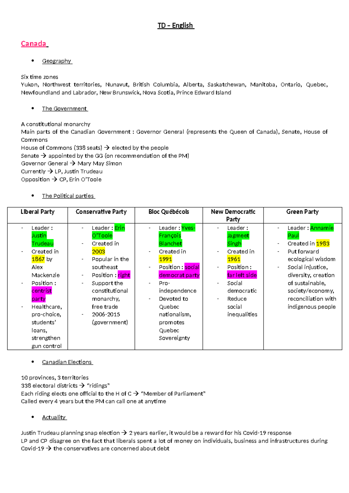 Td-english exam L1 - TD Anglais : Canada, UK, USA - TD – English Canada ...