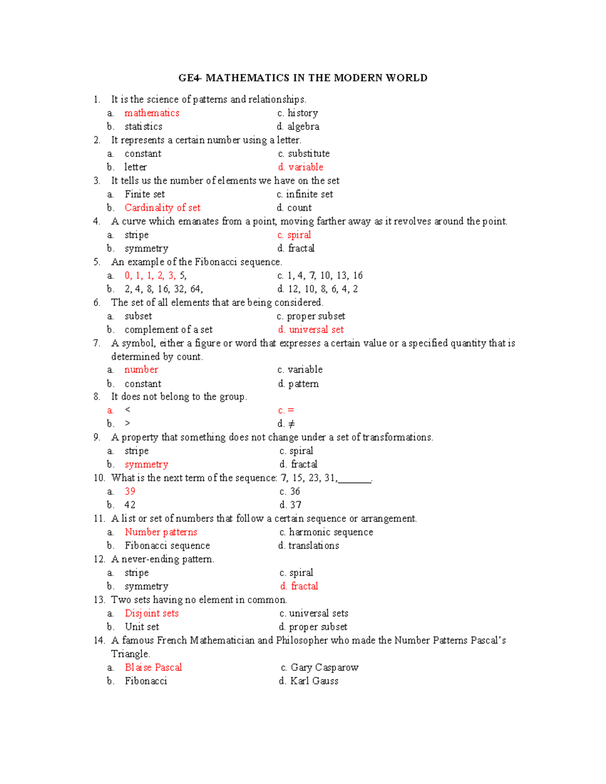 BSED Assess 1 GE4 - lecture notes - GE4- MATHEMATICS IN THE MODERN ...