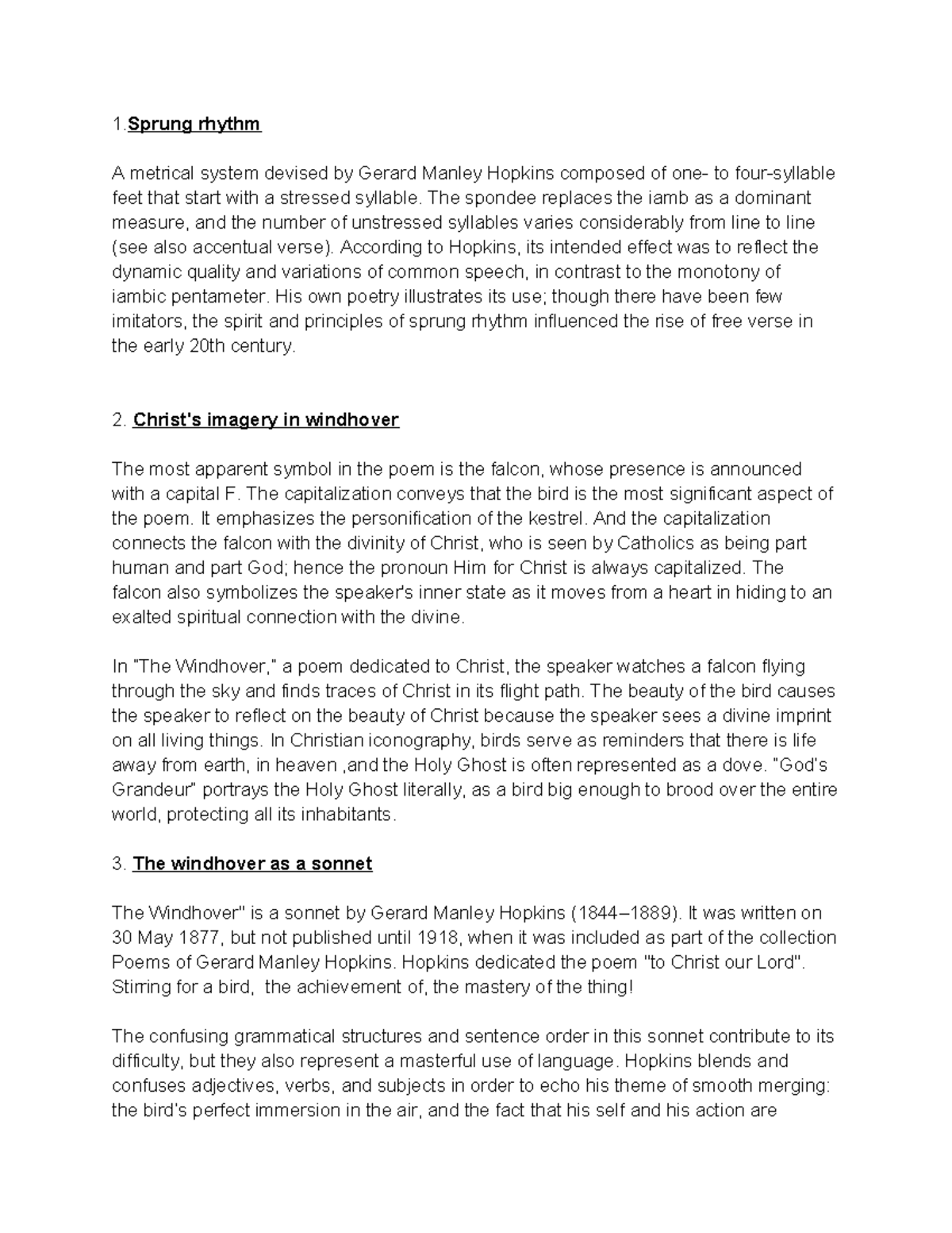 Windhover Poem Notes - 1 rhythm A metrical system devised by Gerard ...