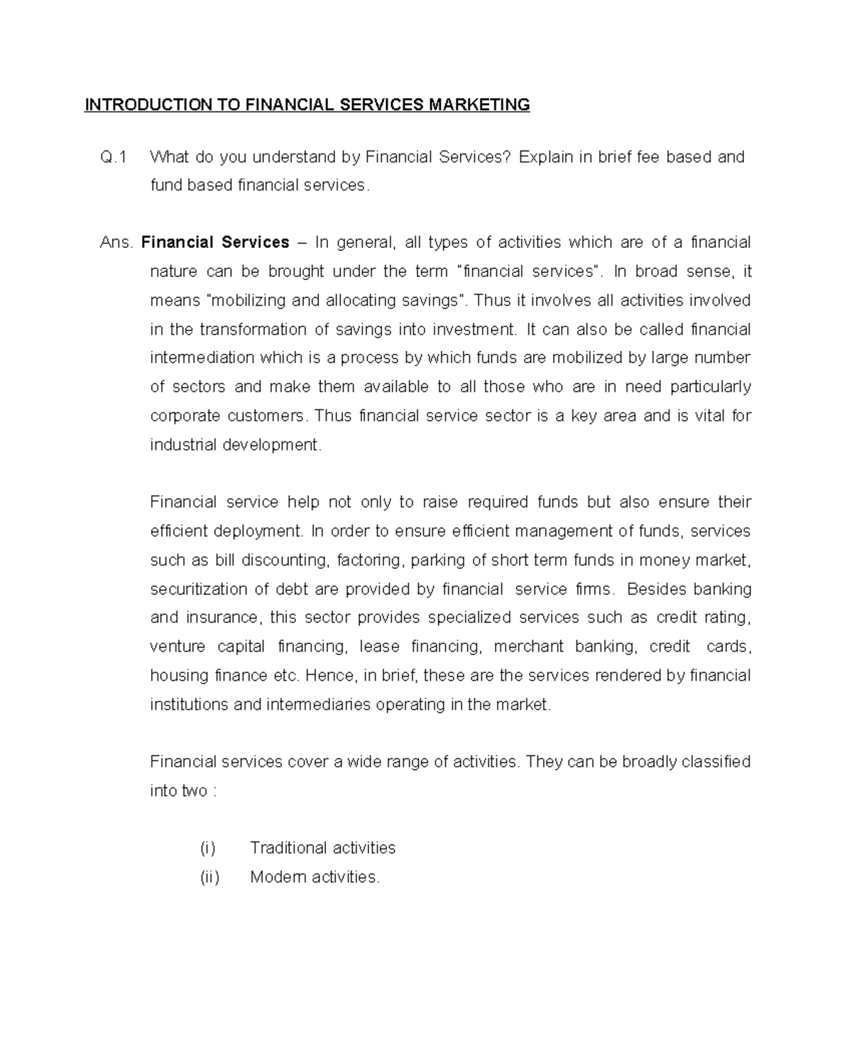 INTRODUCTION TO FINANCIAL SERVICES MARKETING - Ans. Financial Services ...