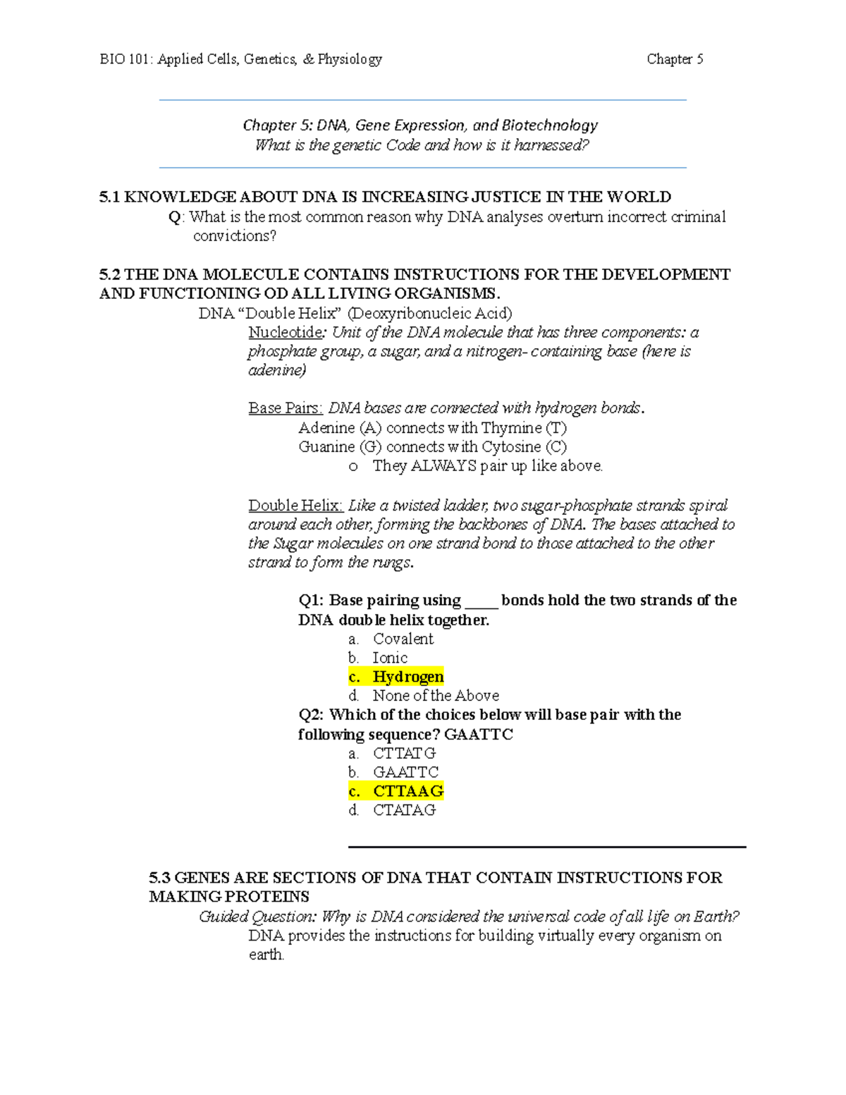 Chapter 5 ppt + quiz - Chapter 5: DNA, Gene Expression, and ...
